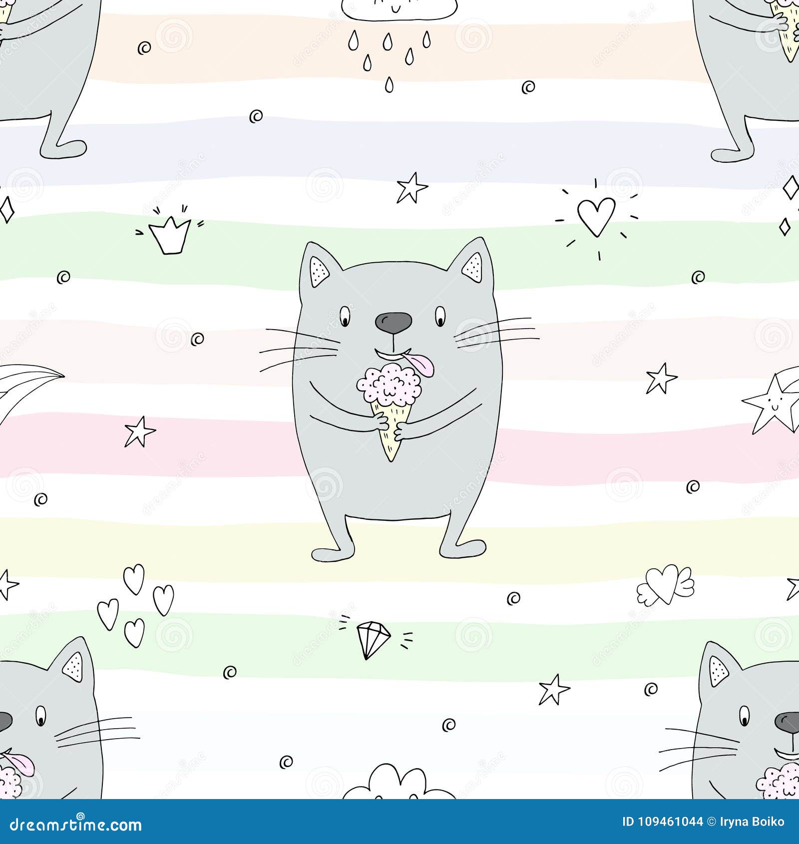 Hand Drawn Seamless Pattern with Cute Cat, Doodle Illustration for Kids Vector Print Stock ...