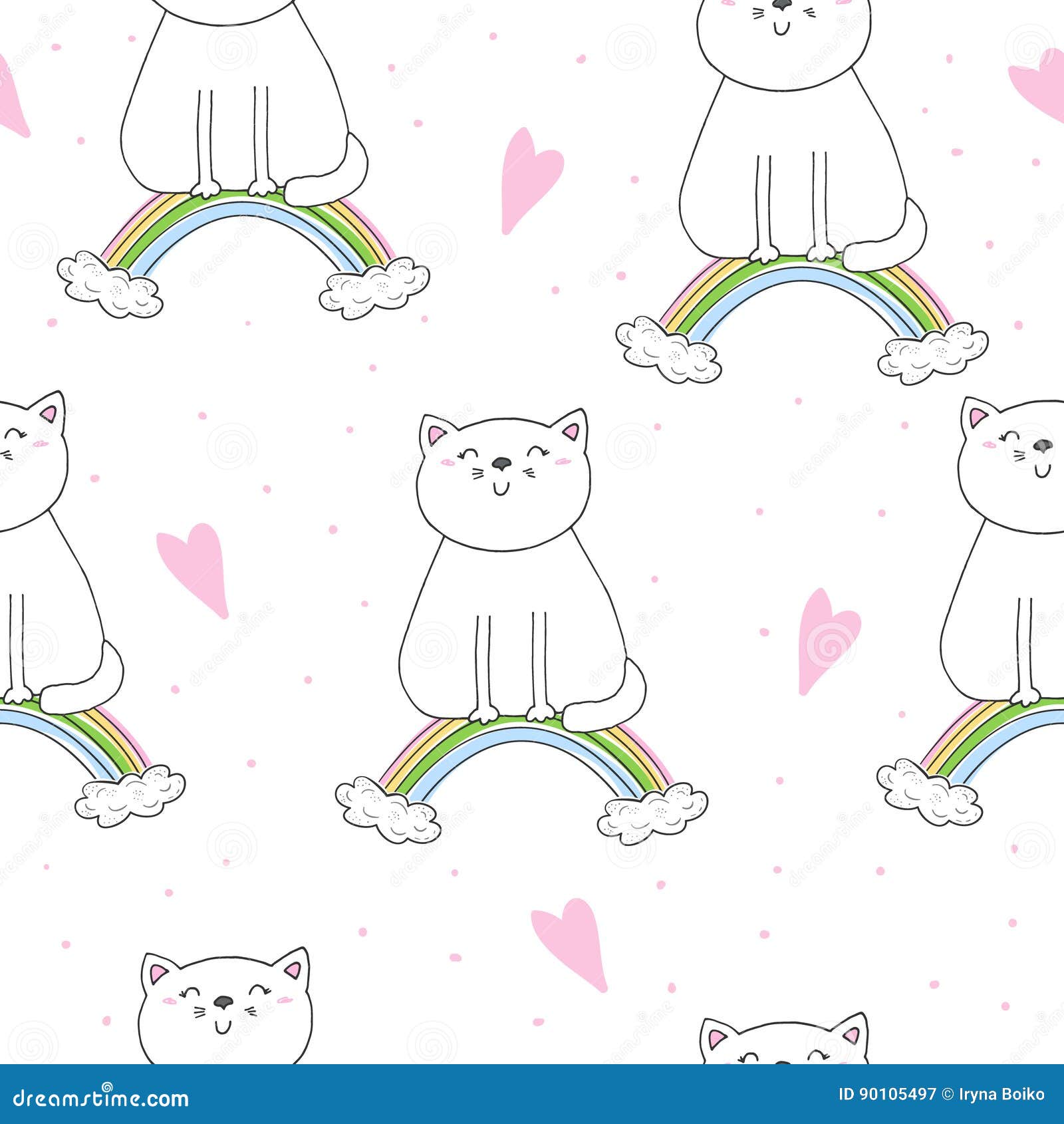 Hand Drawn Seamless Pattern with Cute Cat on a Rainbow, Doodle Illustration for Kids Vector ...