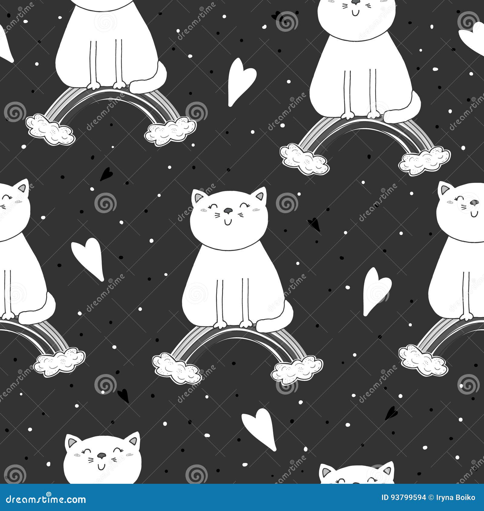 Hand Drawn Seamless Pattern with Cute Cat on a Rainbow, Doodle Illustration for Kids Vector ...