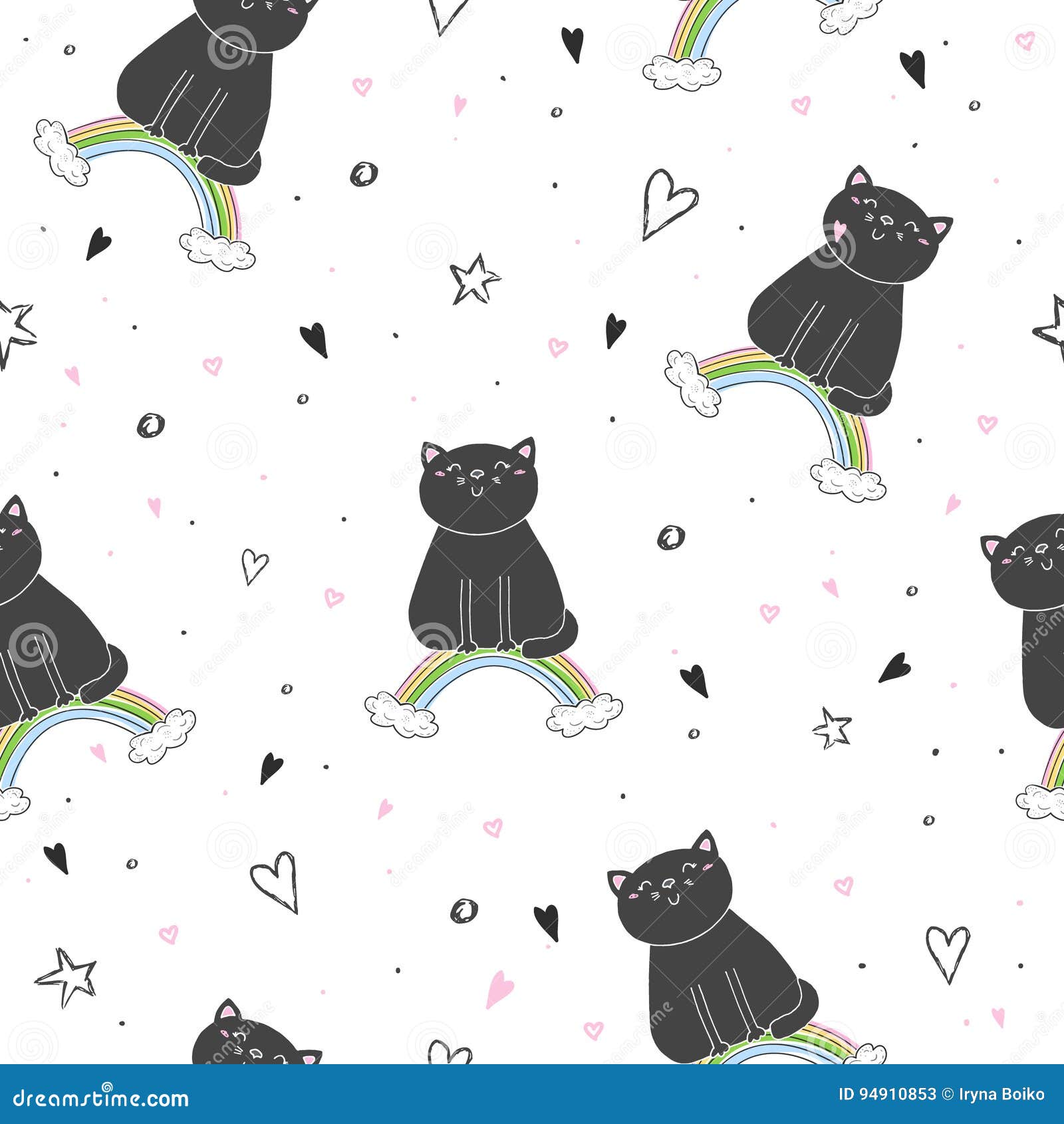 Hand Drawn Seamless Pattern with Cute Cat on a Rainbow, Doodle ...