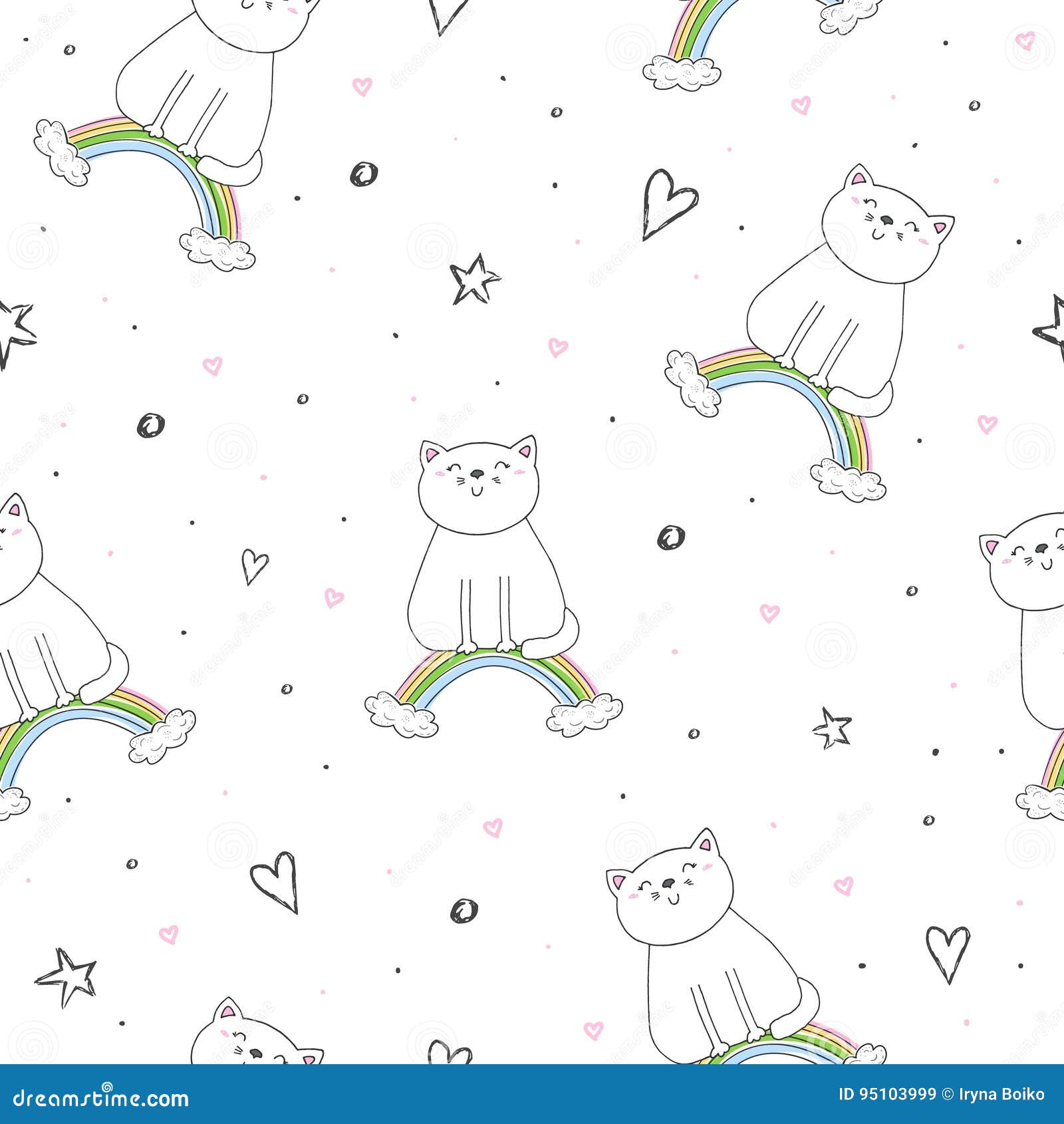 Hand Drawn Seamless Pattern with Cute Cat on a Rainbow, Doodle ...