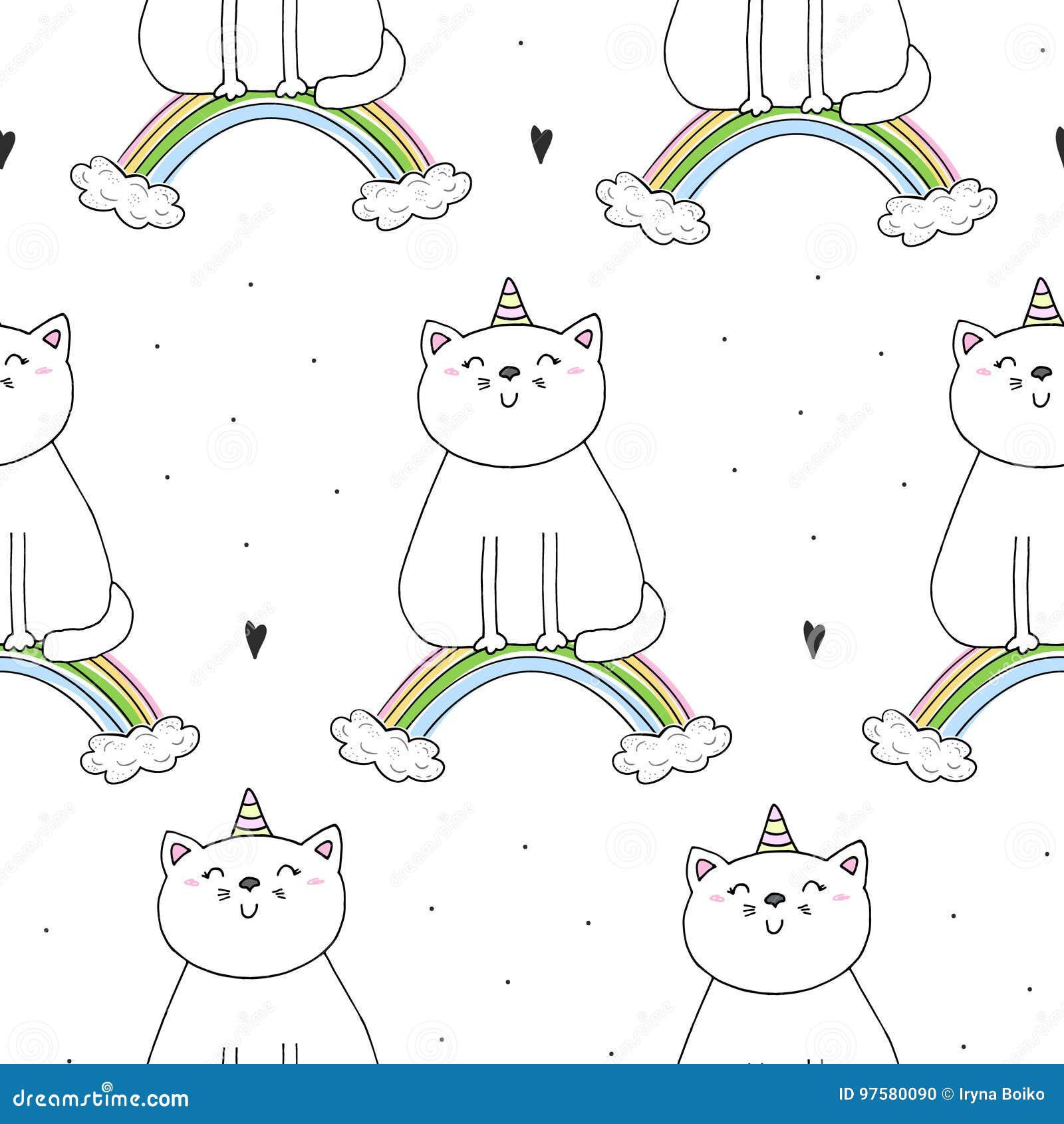 Hand Drawn Seamless Pattern with Cute Cat on a Rainbow, Doodle Illustration for Kids Vector ...