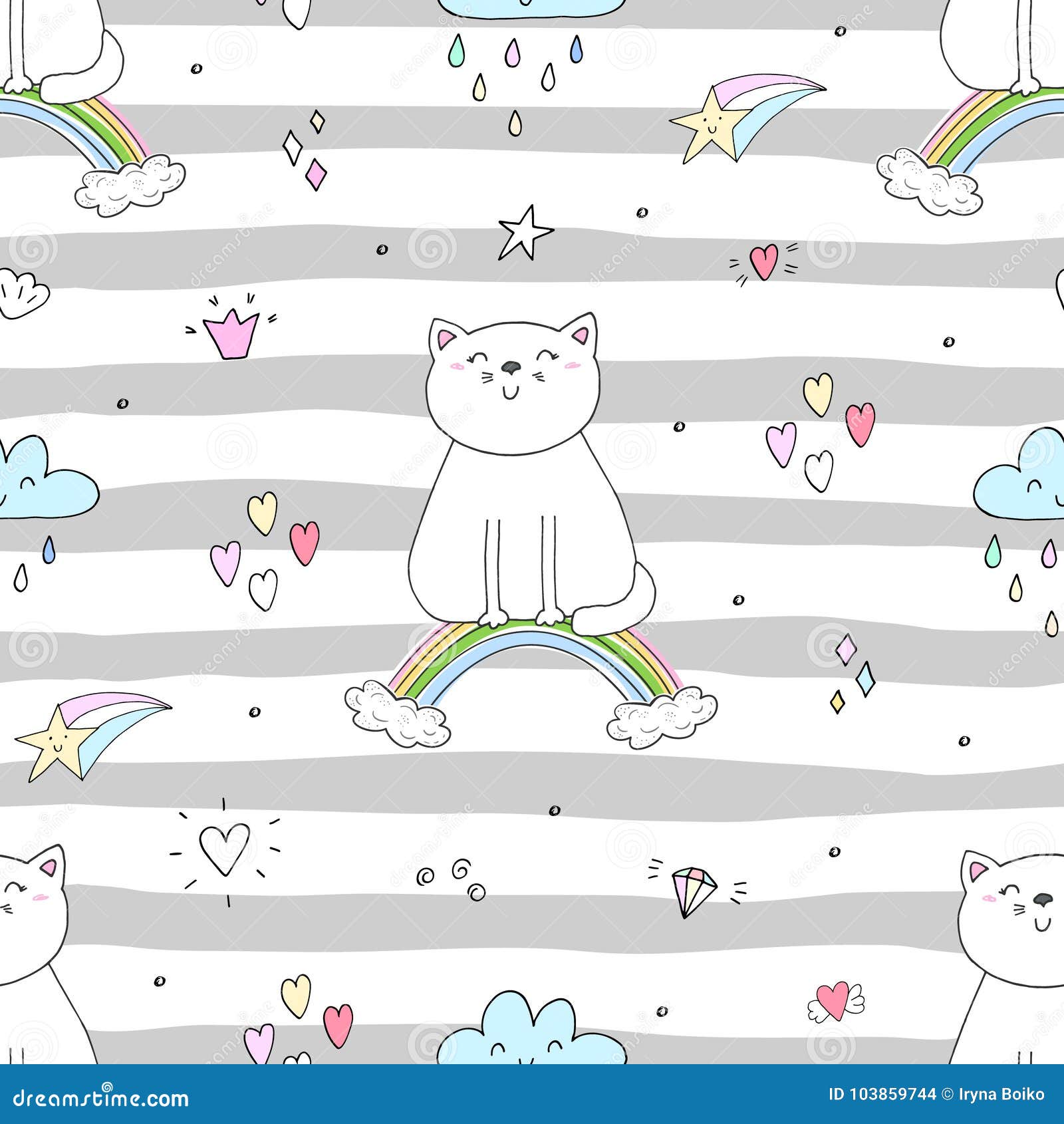 Hand Drawn Seamless Pattern with Cute Cat on a Rainbow, Doodle Illustration for Kids Vector ...
