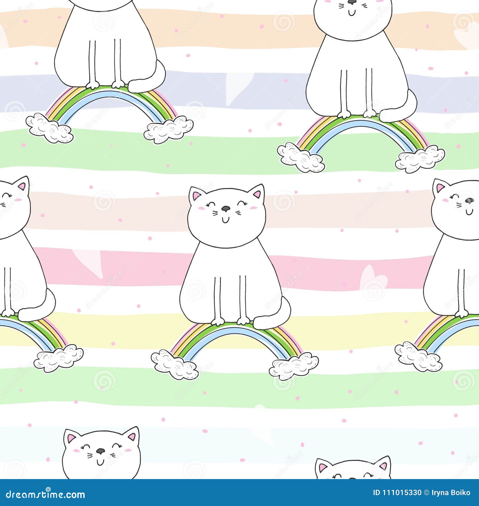 Hand Drawn Seamless Pattern with Cute Cat on a Rainbow, Doodle Illustration for Kids Vector ...
