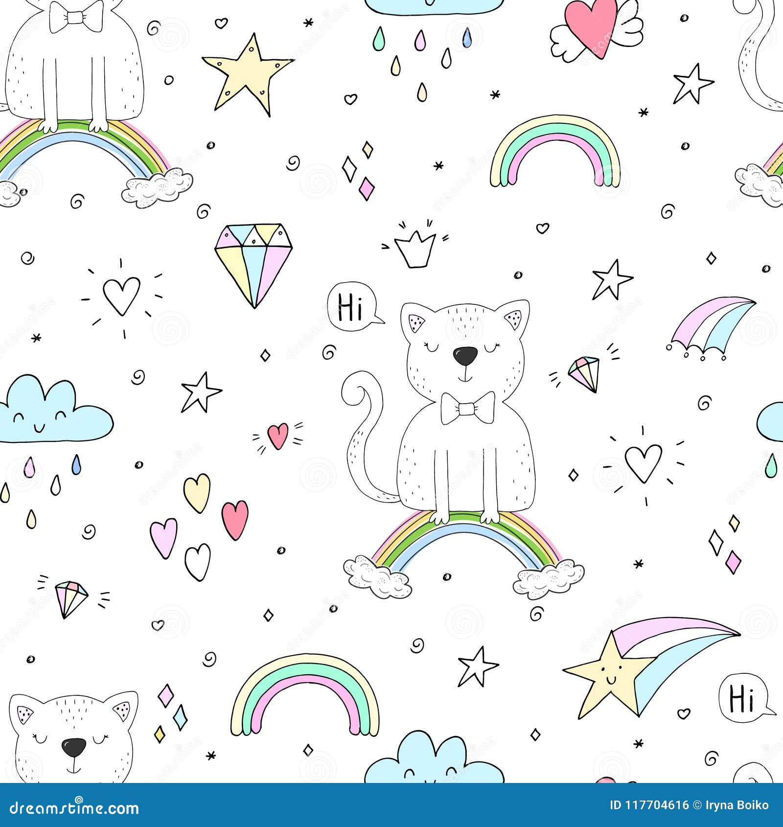 Hand Drawn Seamless Pattern with Cute Cat on a Rainbow, Doodle Illustration for Kids Vector ...
