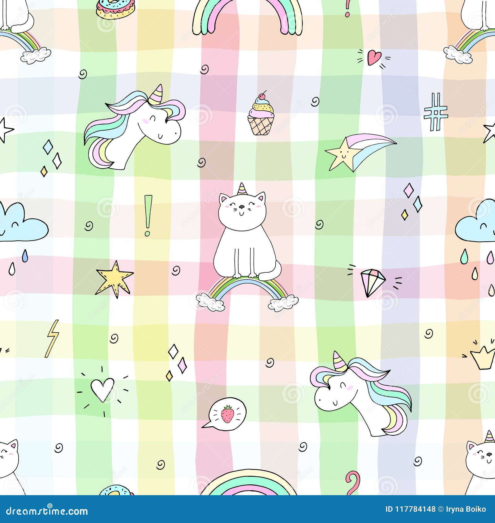 Hand Drawn Seamless Pattern with Cute Cat on a Rainbow, Doodle Illustration for Kids Vector ...