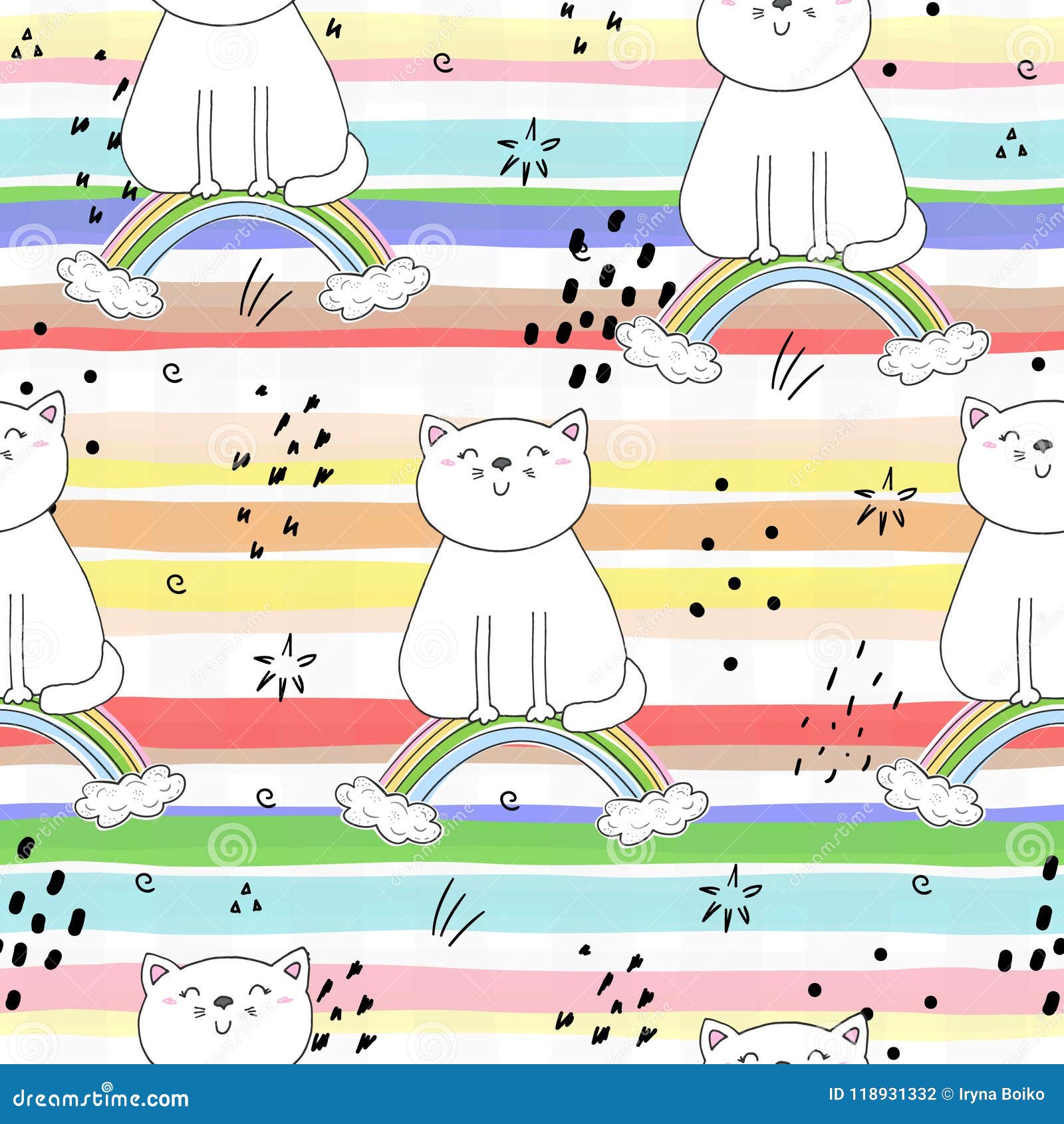 Hand Drawn Seamless Pattern with Cute Cat on a Rainbow, Doodle Illustration for Kids Vector ...