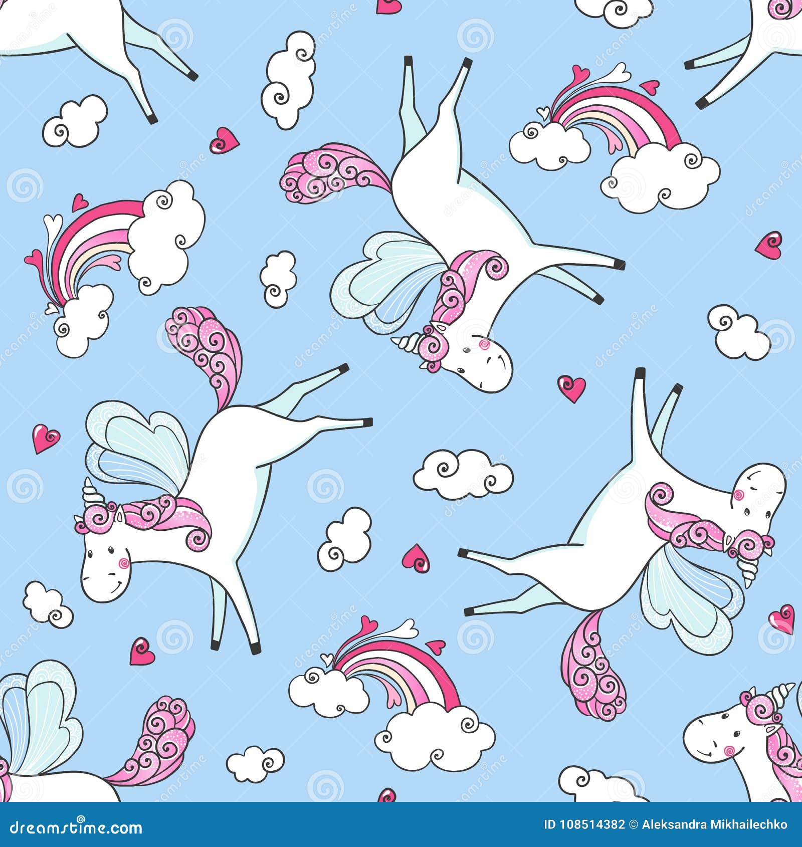 Hand Drawn Seamless Pattern with Cute Unicorns. Stock Vector ...