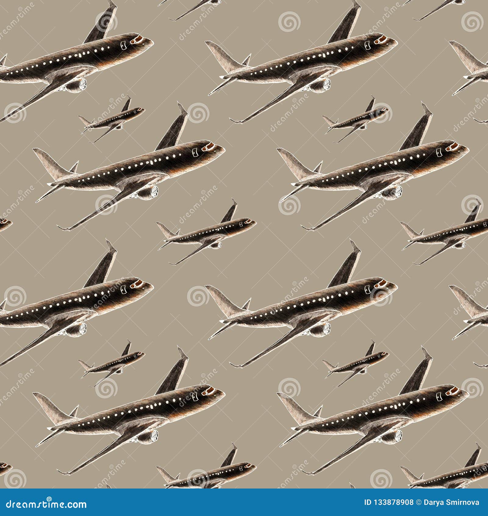 Hand Drawn Seamless Pattern of Dark Brown Airplane in Flight in Color ...