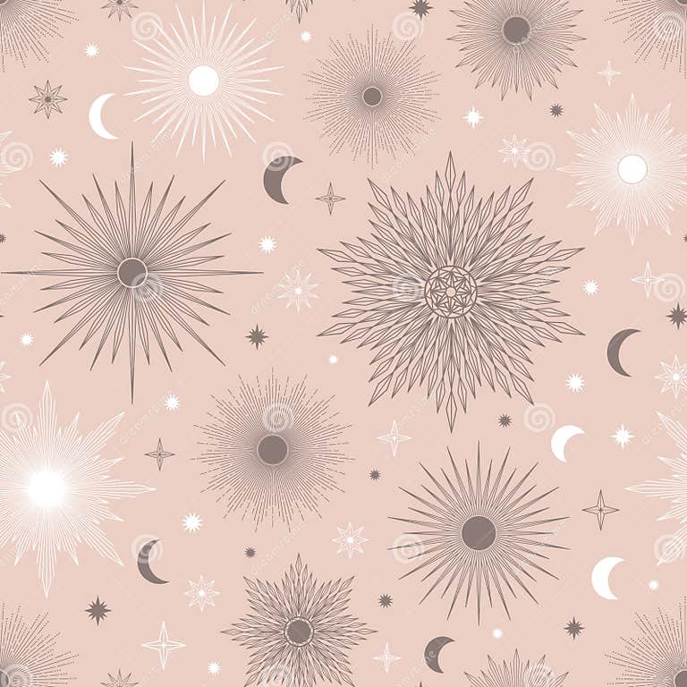 Hand Drawn Seamless Pattern of Different Sun, Moon, Sunburst, Stars ...