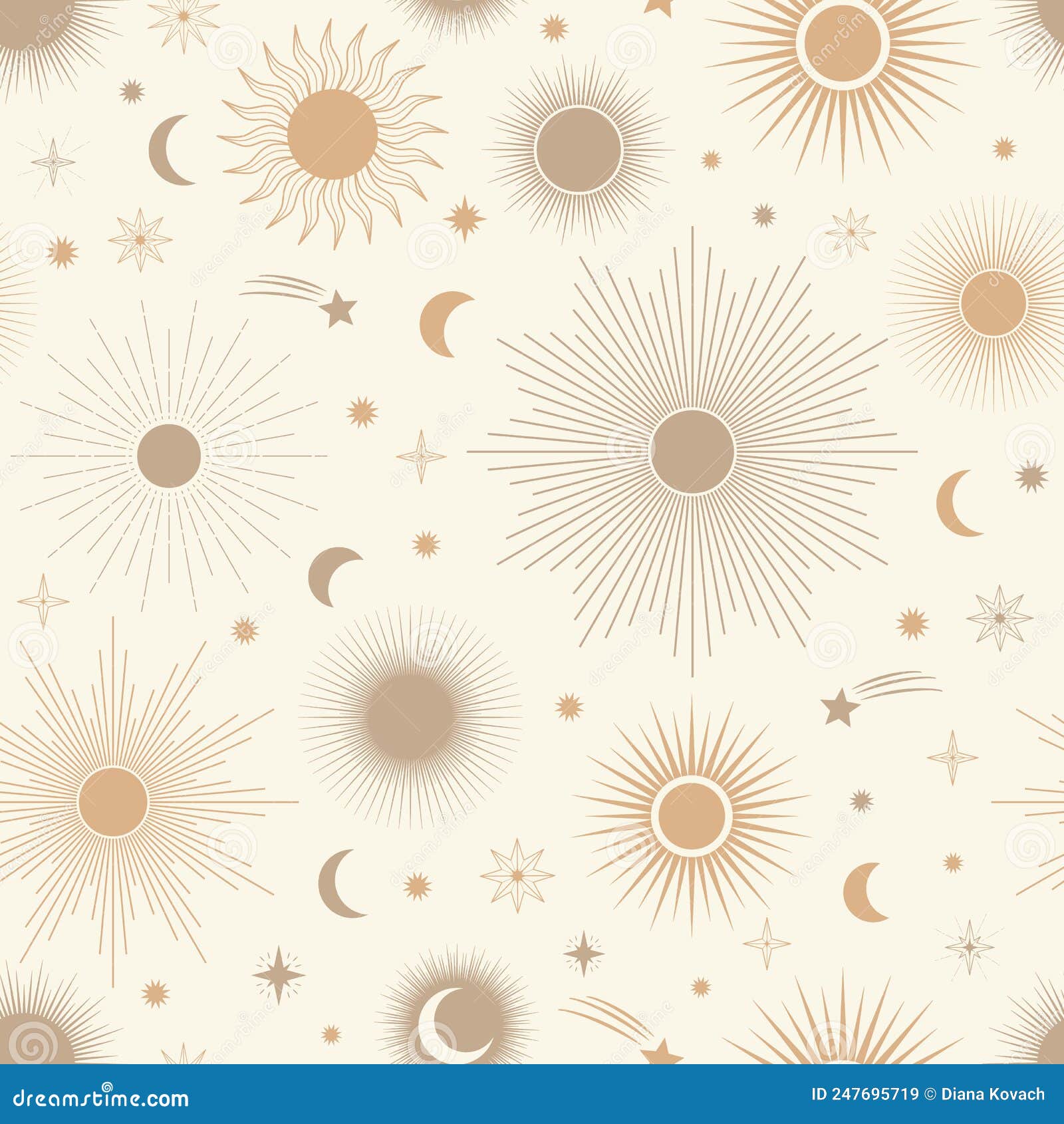 Hand Drawn Seamless Pattern of Different Sun, Moon, Sunburst, Stars ...
