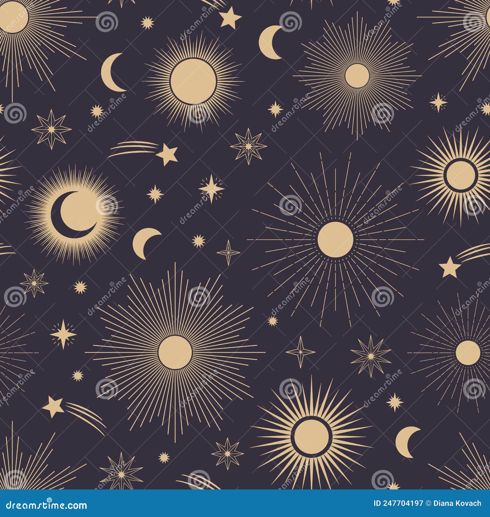 Hand Drawn Seamless Pattern of Different Sun, Moon, Sunburst, Stars ...