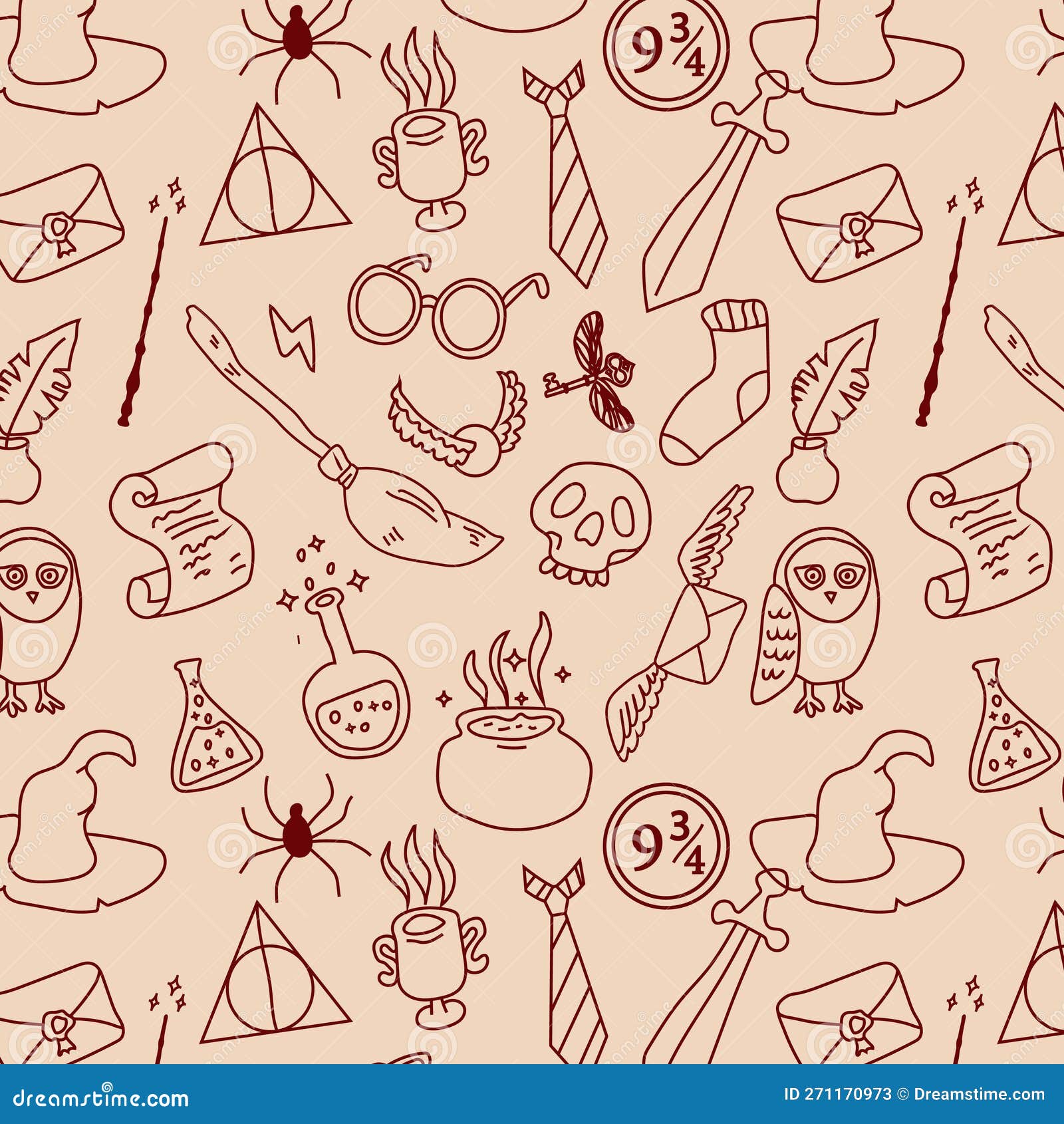 Hand Drawn Seamless Pattern Doodle Magic Things from a Wizard Schoo ...