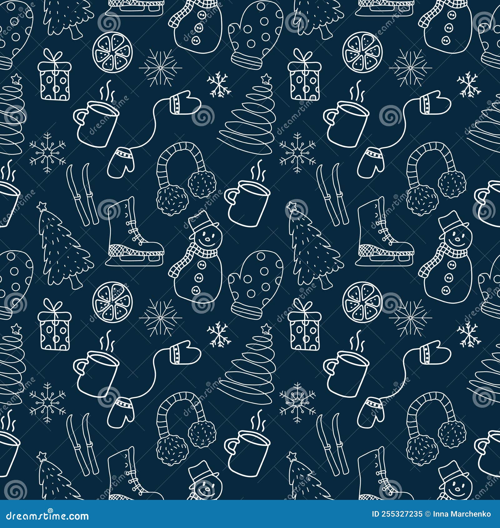 Hand Drawn Seamless Pattern Doodle Winter. Stock Vector - Illustration ...