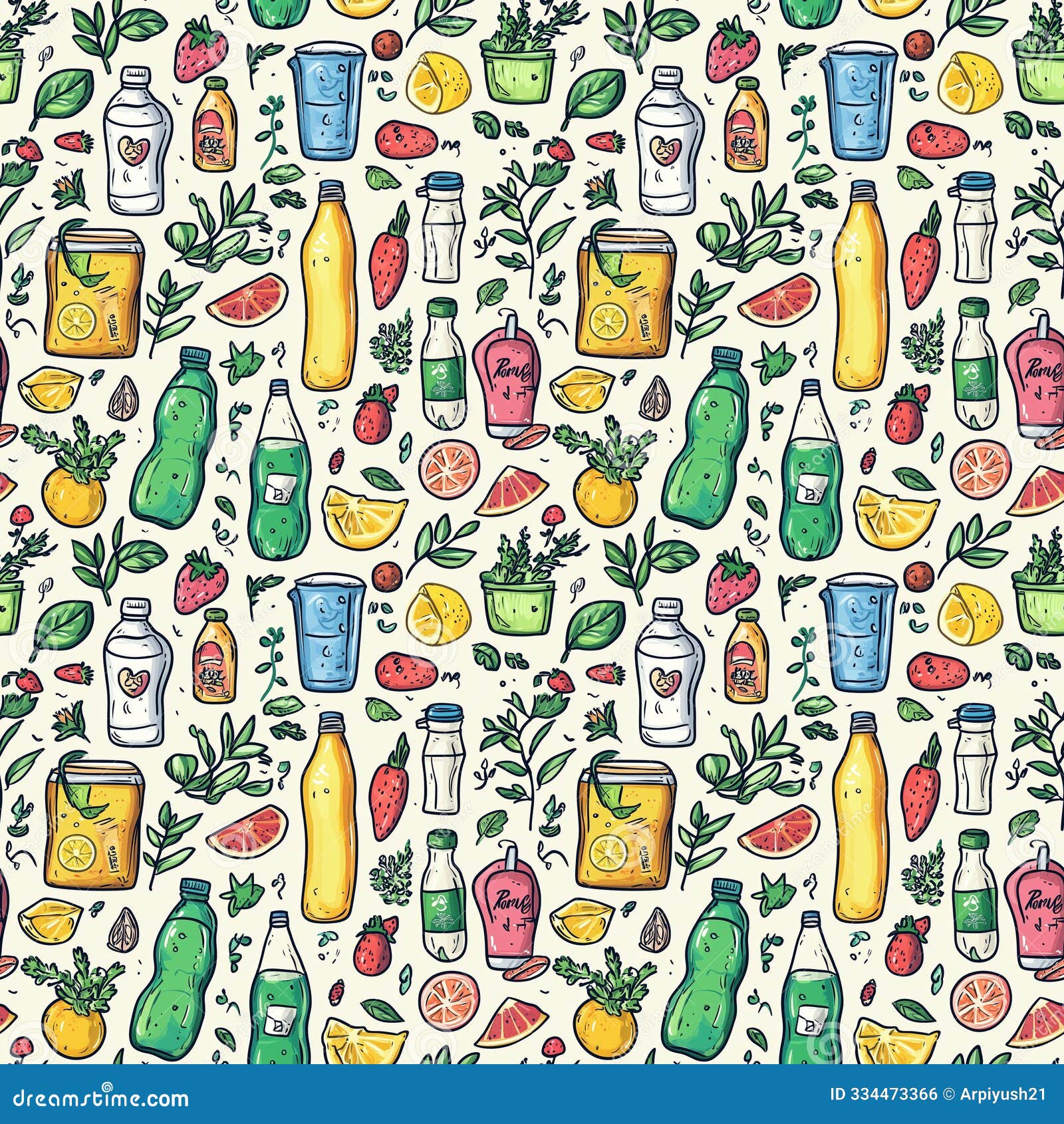 Hand-Drawn Seamless Pattern Featuring Eco-Friendly Items and Nature ...