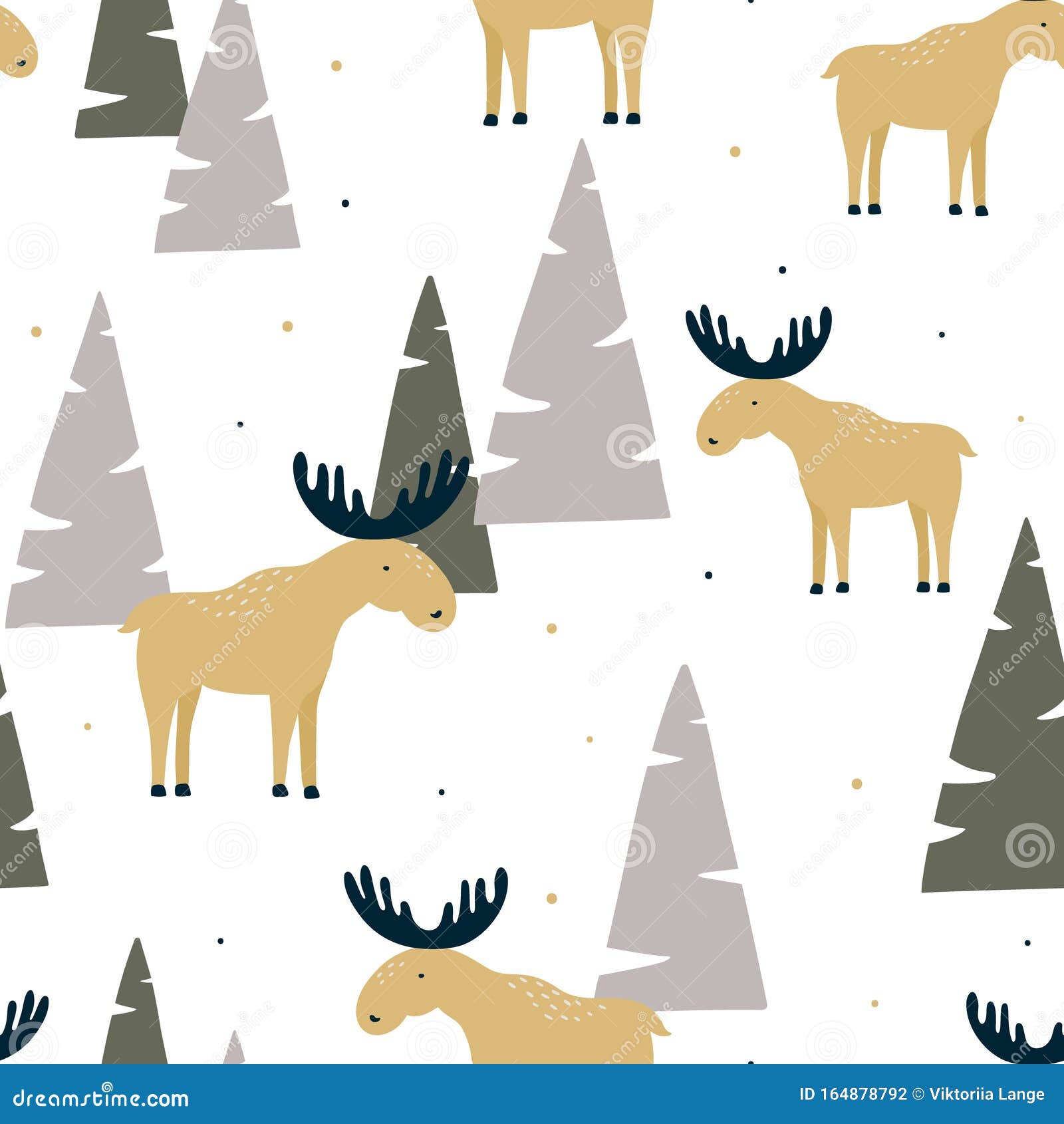 Hand Drawn Seamless Pattern with Funny Elk in a Forest Stock Vector ...