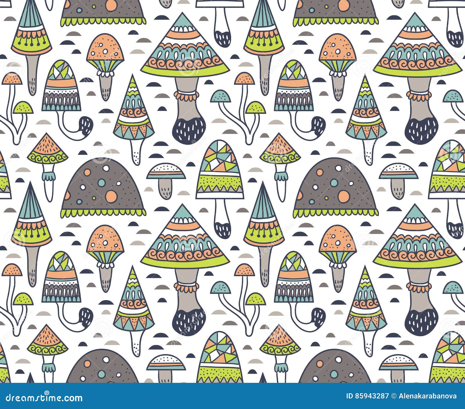 Hand Drawn Seamless Pattern with Geometric Ornamental Mushroom and ...