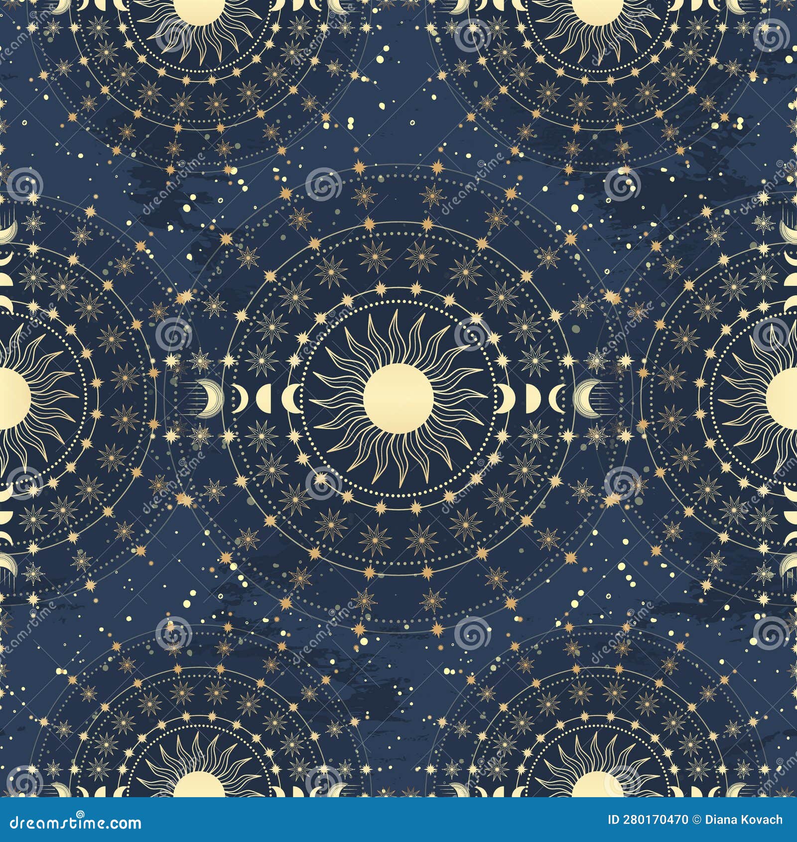 Hand Drawn Seamless Pattern of Golden Sun, Moon, Stars. Mystical ...