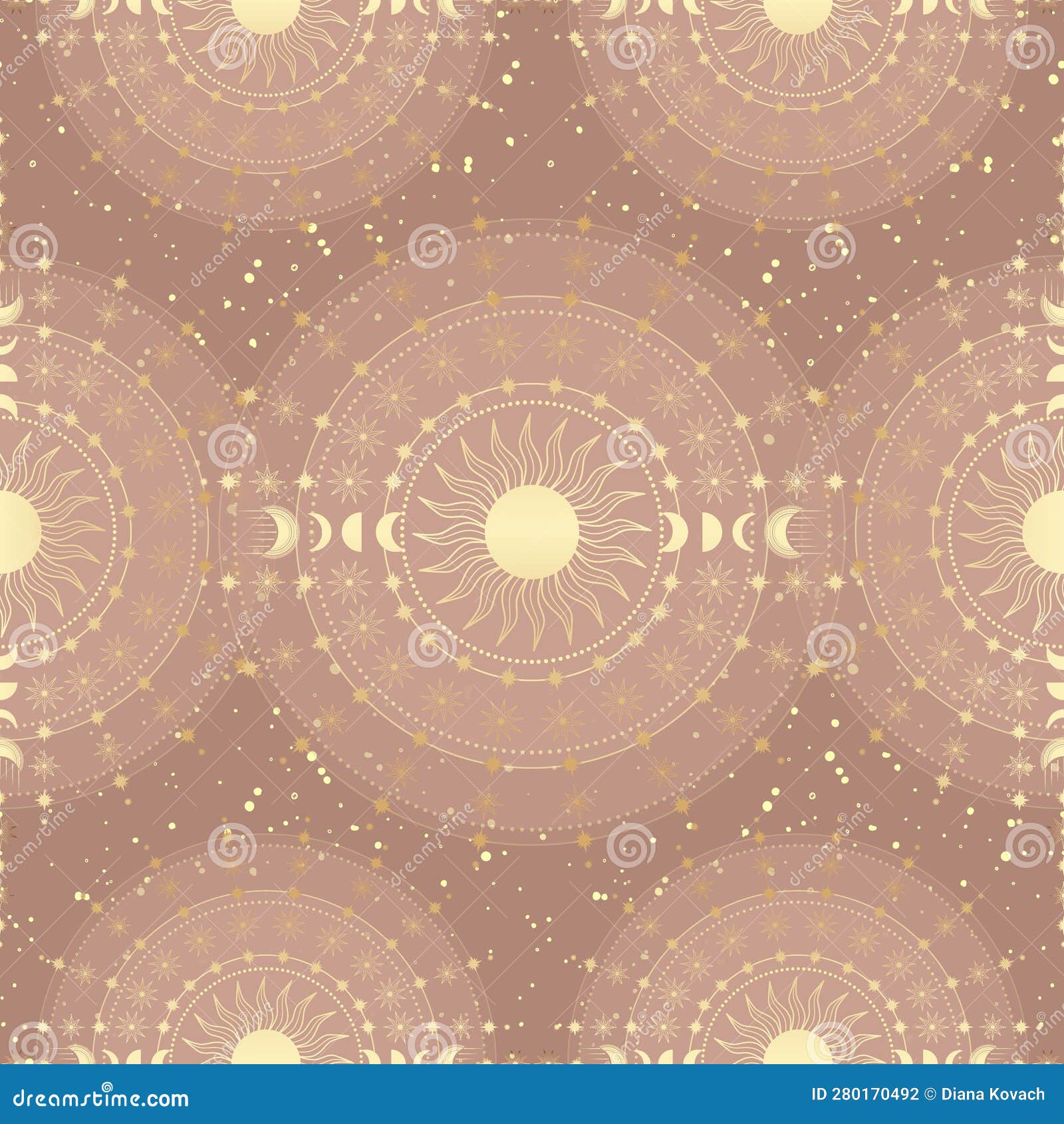 Hand Drawn Seamless Pattern of Golden Sun, Moon, Stars. Mystical ...