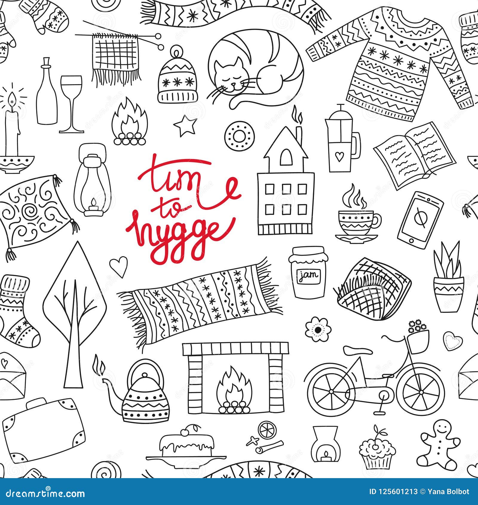 Hand Drawn Seamless Pattern with Hygge Elements Stock Vector ...