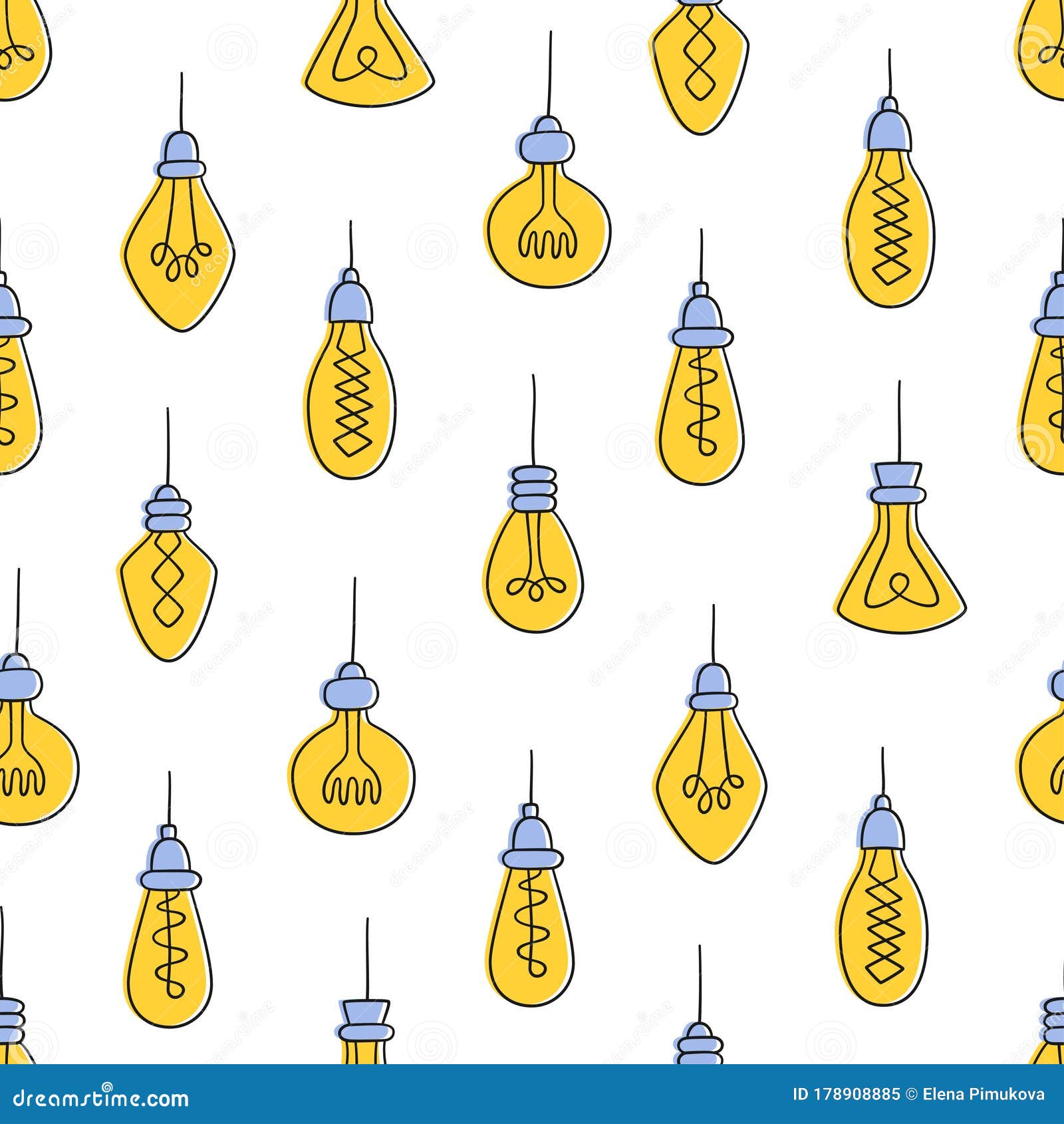 Hand Drawn Seamless Pattern of Light Bulbs. Color Loft Lamps in Doodle ...