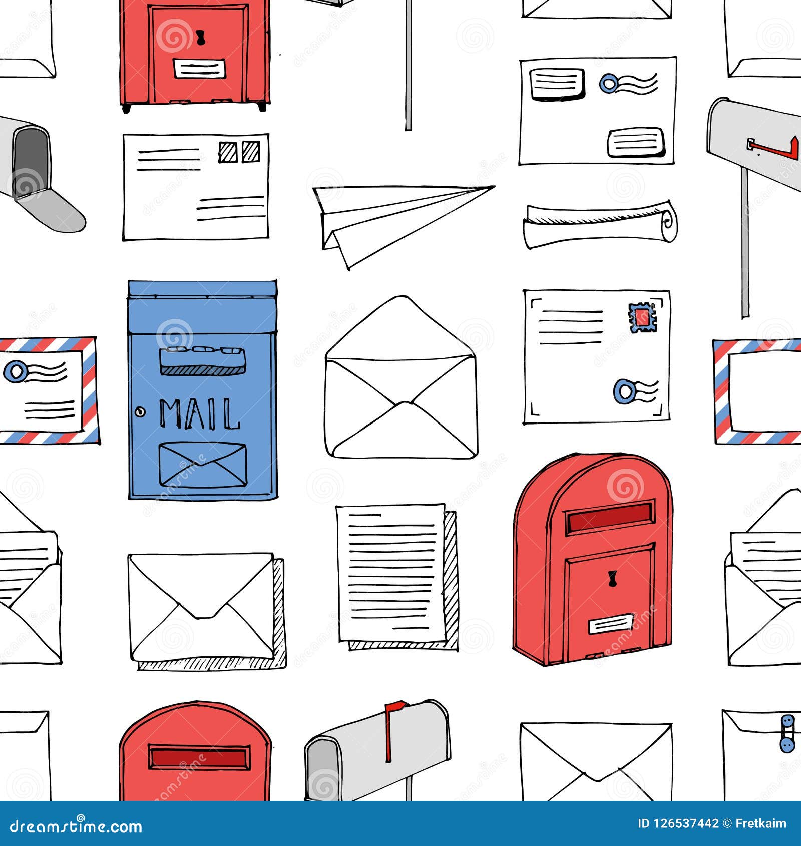 Hand Drawn Seamless Pattern. Mail, Post, Letter, Envelope, Paper Plane ...