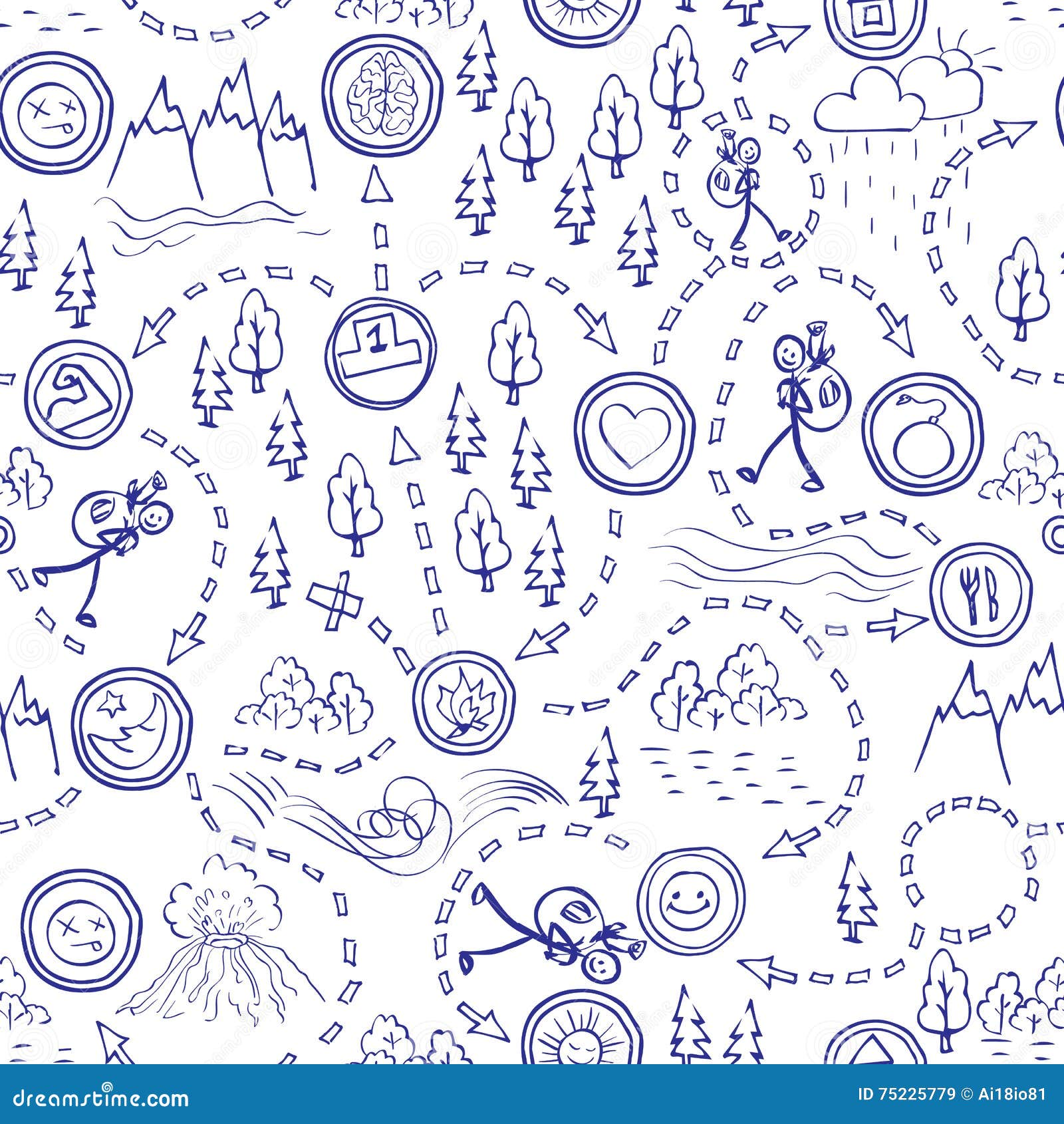 Hand Drawn Seamless Pattern, Maps, Picnic, Travel, Hiking and Camping ...