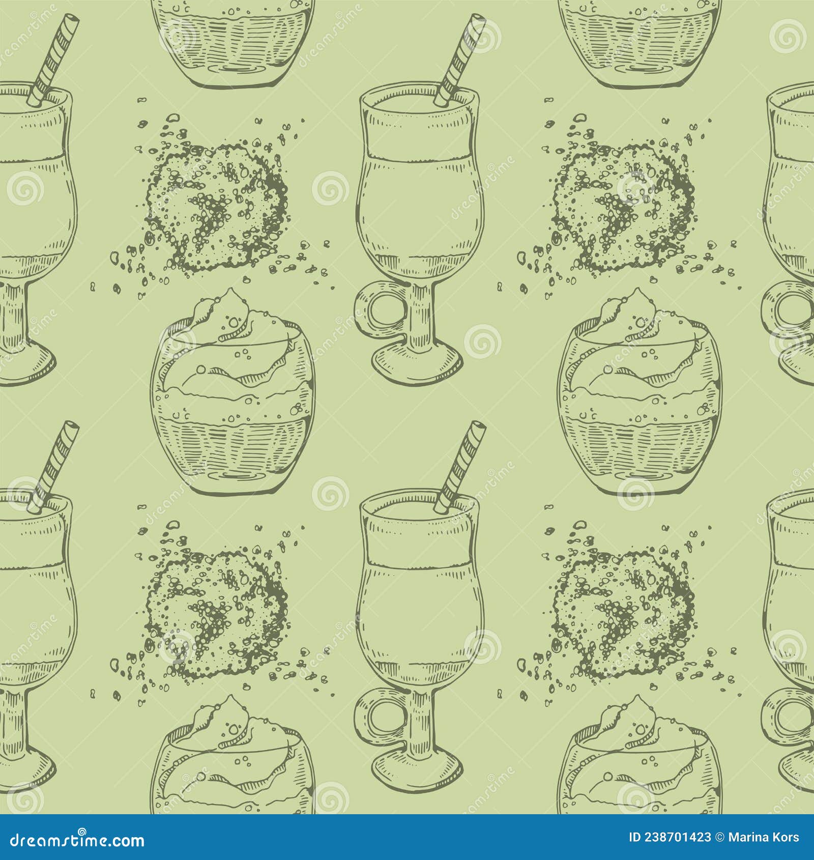 Hand-drawn Seamless Pattern Matcha Cocktails and Desserts Stock Vector ...