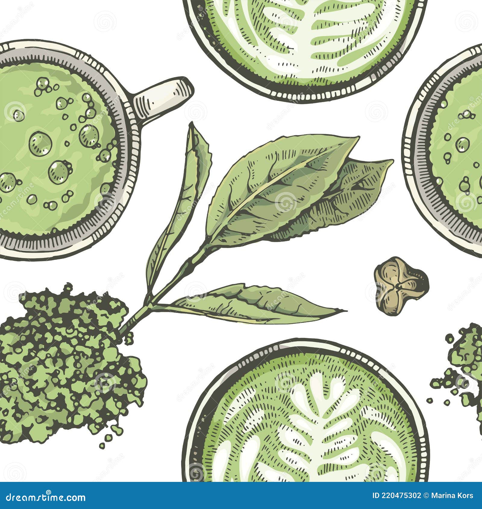 Hand-drawn Seamless Pattern Matcha Drinks and Leaves. Stock Vector ...