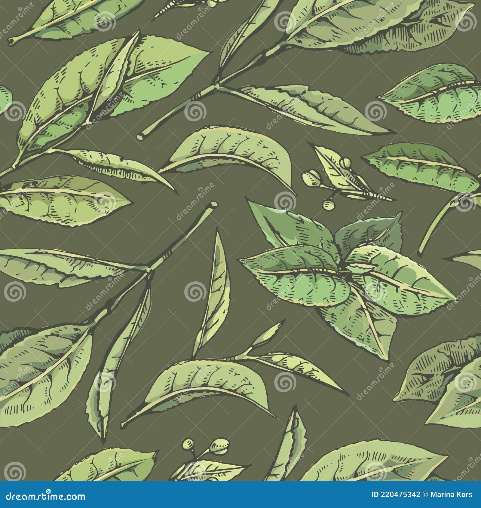 Hand-drawn Seamless Pattern Matcha Leaves on the Green Background ...