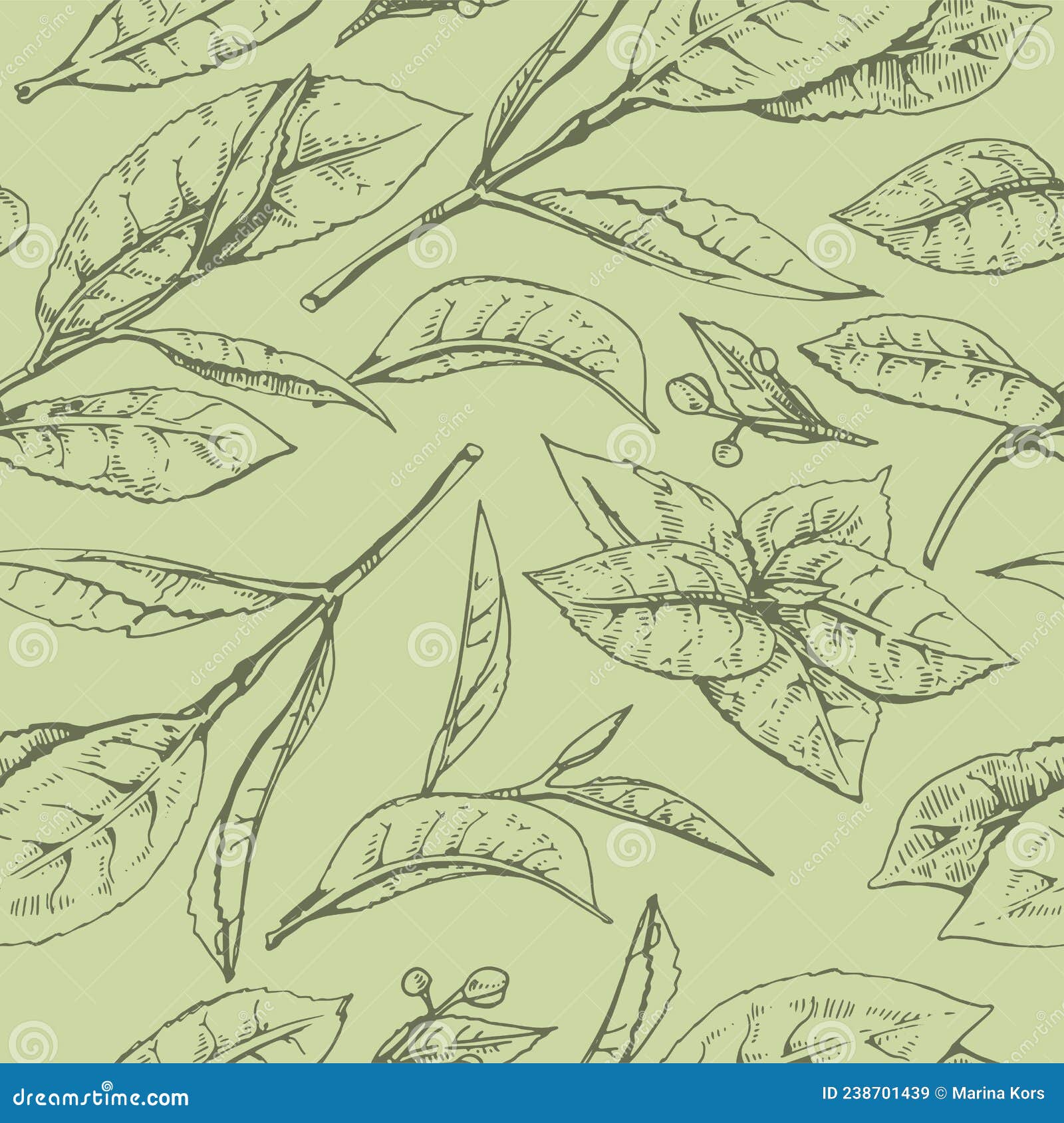Hand-drawn Seamless Pattern Matcha Leaves on the Green Background Stock ...