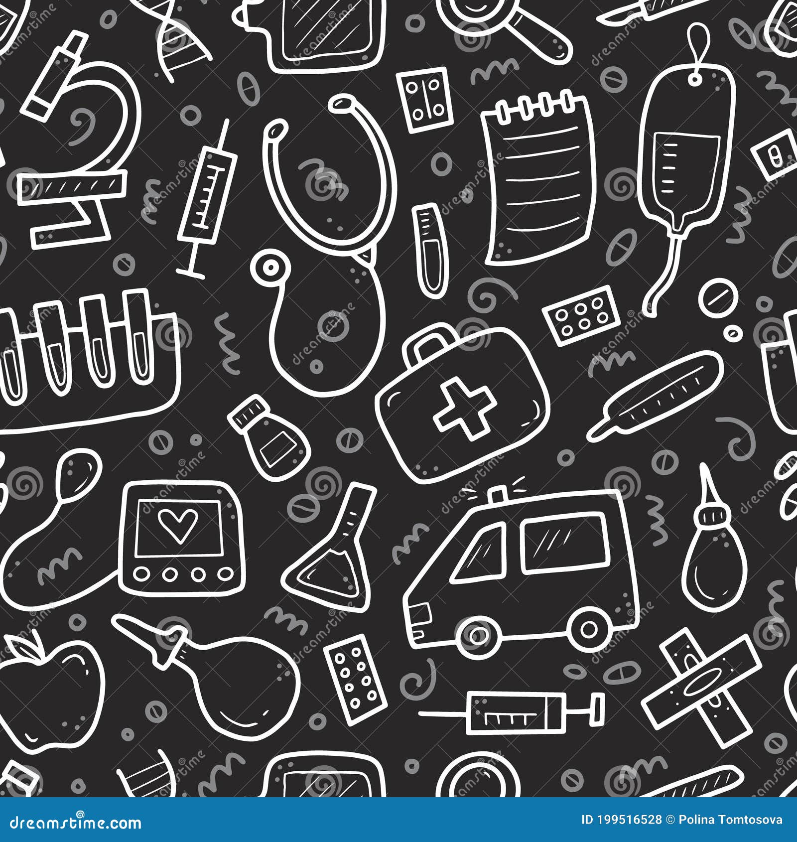 Hand Drawn Seamless Pattern of Medicne Doodle Elements Stock Vector ...