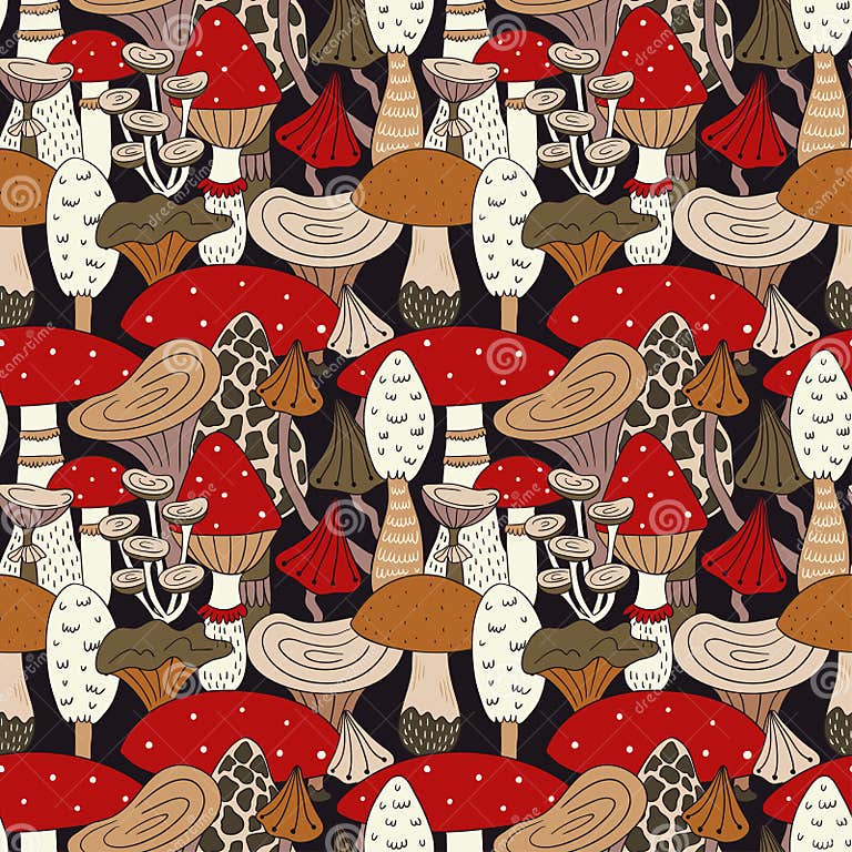 Hand Drawn Seamless Pattern of Mushroom and Toadstools. Vector Illustration. Stock Vector ...