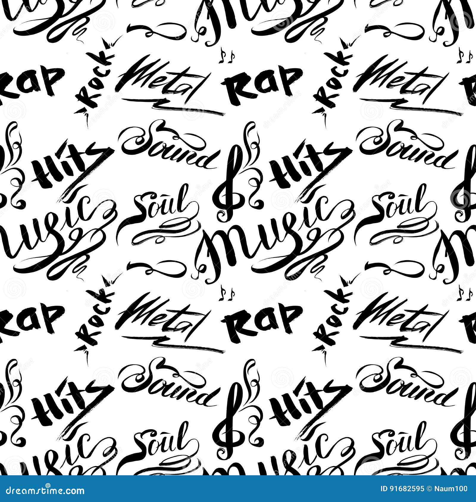 Hand Drawn Seamless Pattern with Music Styles Lettering Signs Stock ...