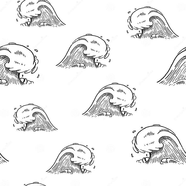 Hand Drawn Seamless Pattern Ocean Wave Doodle. Sketch Style Icon ...
