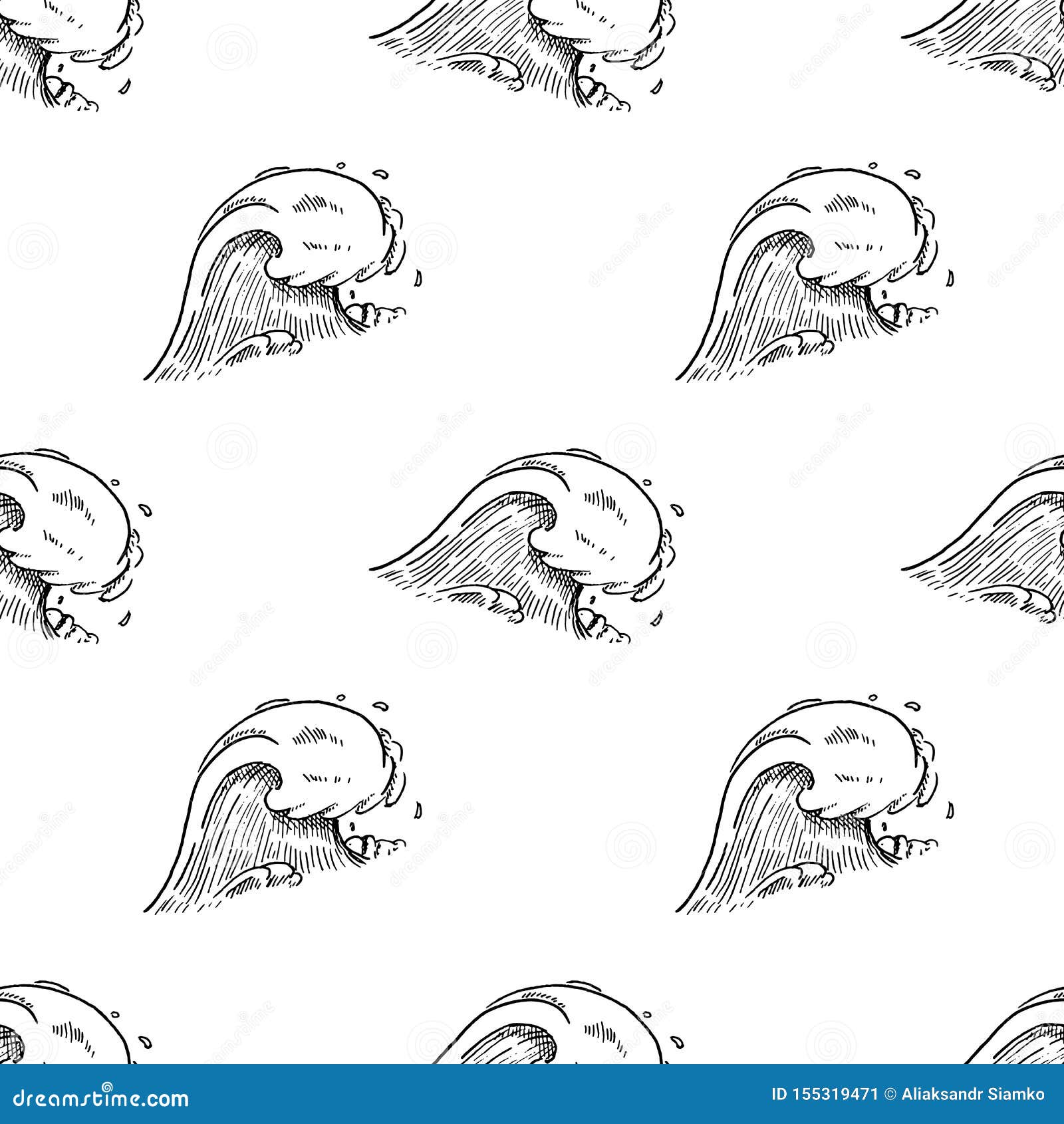 Hand Drawn Seamless Pattern Ocean Wave Doodle. Sketch Style Icon ...