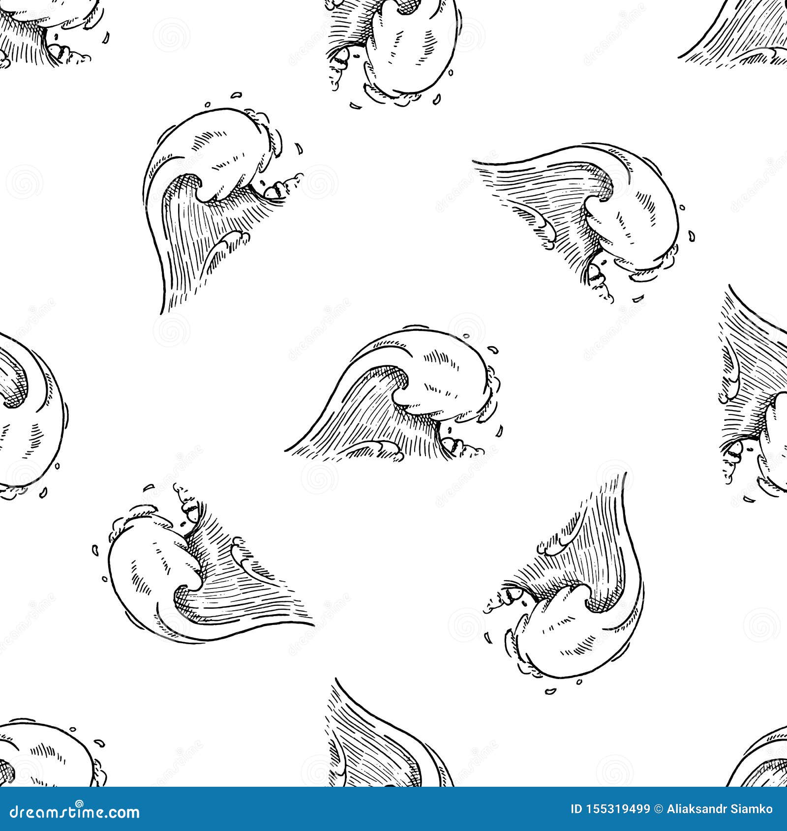 Hand Drawn Seamless Pattern Ocean Wave Doodle. Sketch Style Icon ...