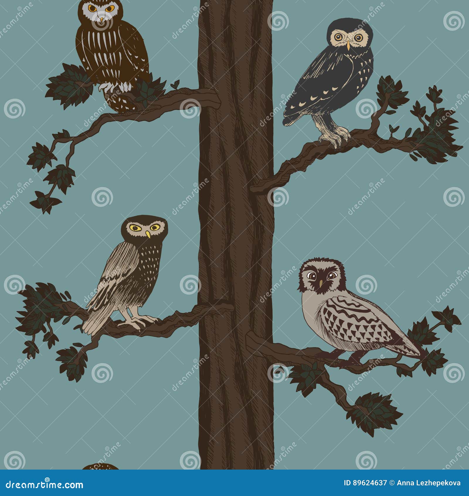 Hand Drawn Seamless Pattern with Owls. Stock Vector - Illustration of ...