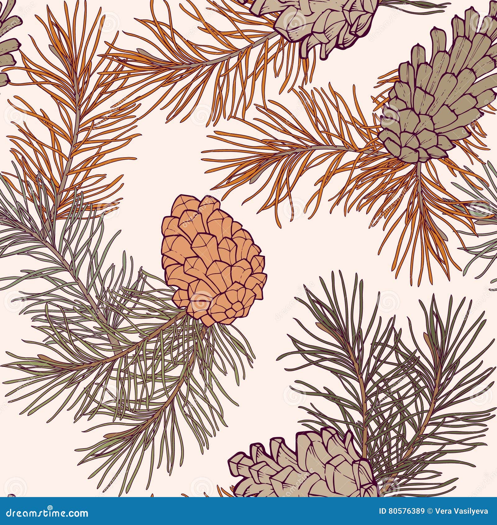 Hand-Drawn Seamless Pattern with Pine Cones and Branches of Coniferous ...