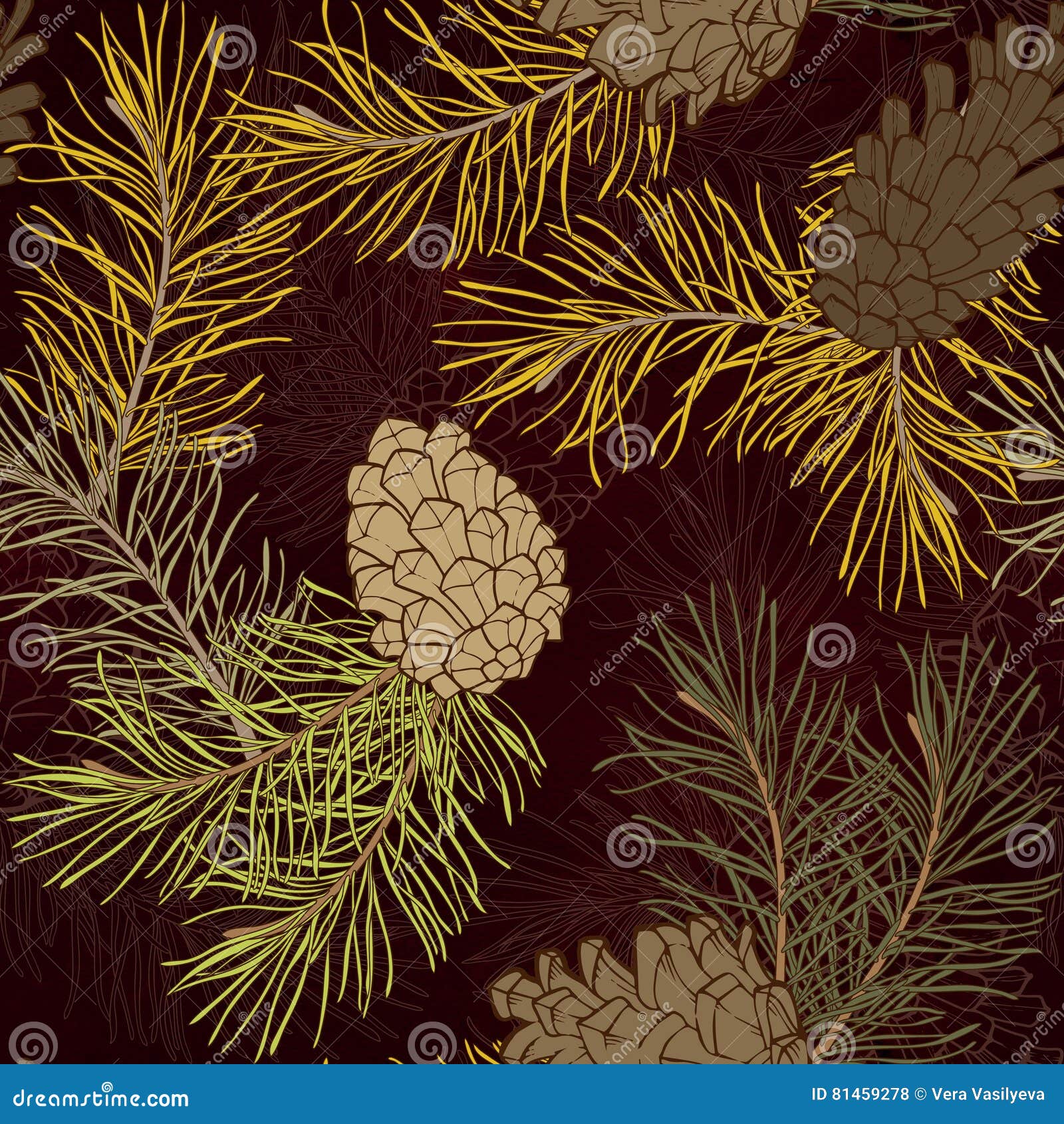 Hand-Drawn Seamless Pattern with Pine Cones and Branches of Coniferous ...