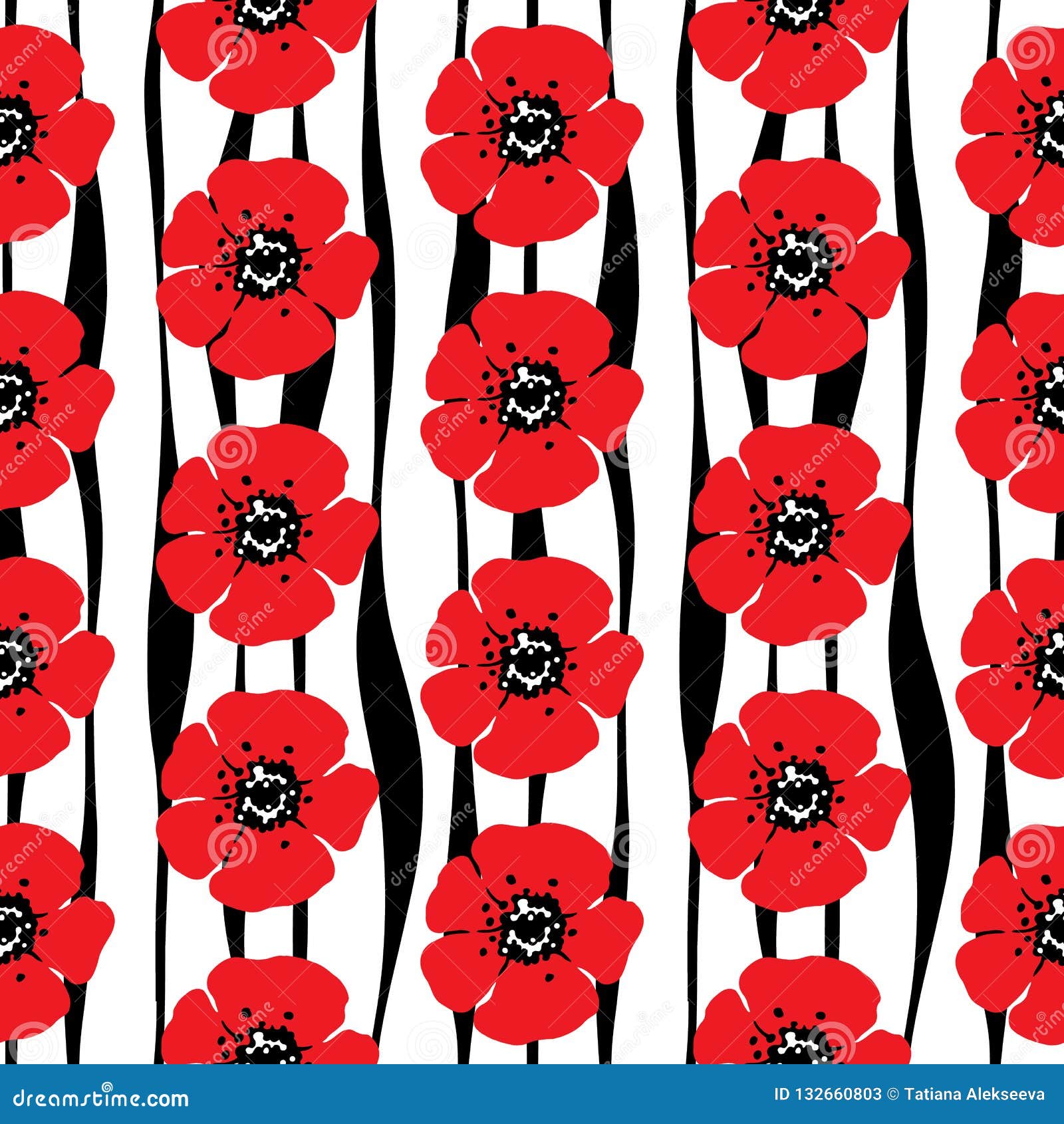 Hand Drawn Seamless Pattern of Red Poppies and Stylized Strips O Stock ...