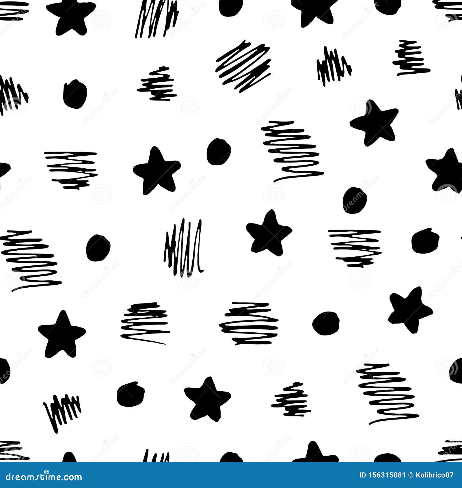 Hand Drawn Seamless Pattern of Stars, Scribbles and Dots Stock Vector ...