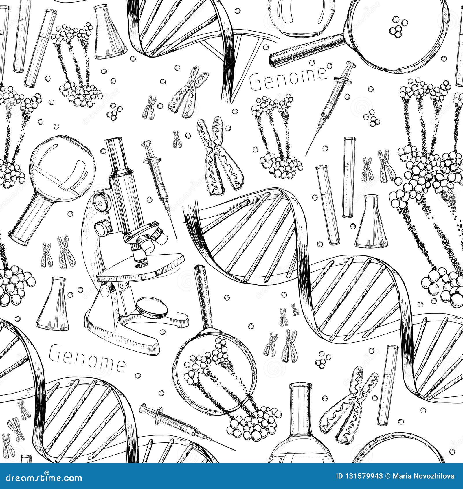 Hand Drawn Seamless Pattern of Structure of DNA. Genome Sequence Stock ...