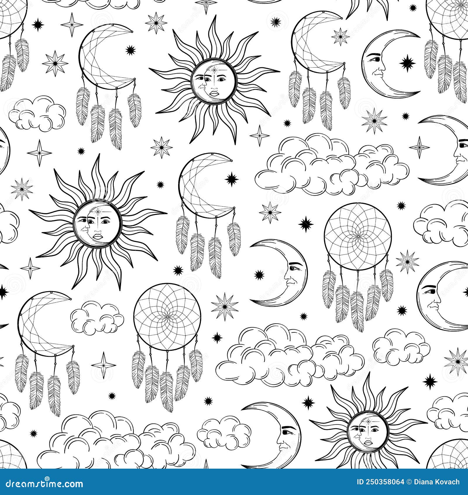 Hand Drawn Seamless Pattern of Sun, Moon, Dreamcatcher, Feather, Star ...