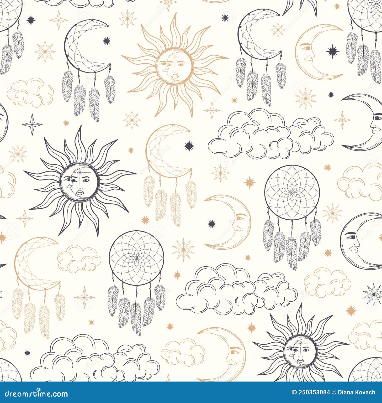 Hand Drawn Seamless Pattern of Sun, Moon, Dreamcatcher, Feather, Star ...
