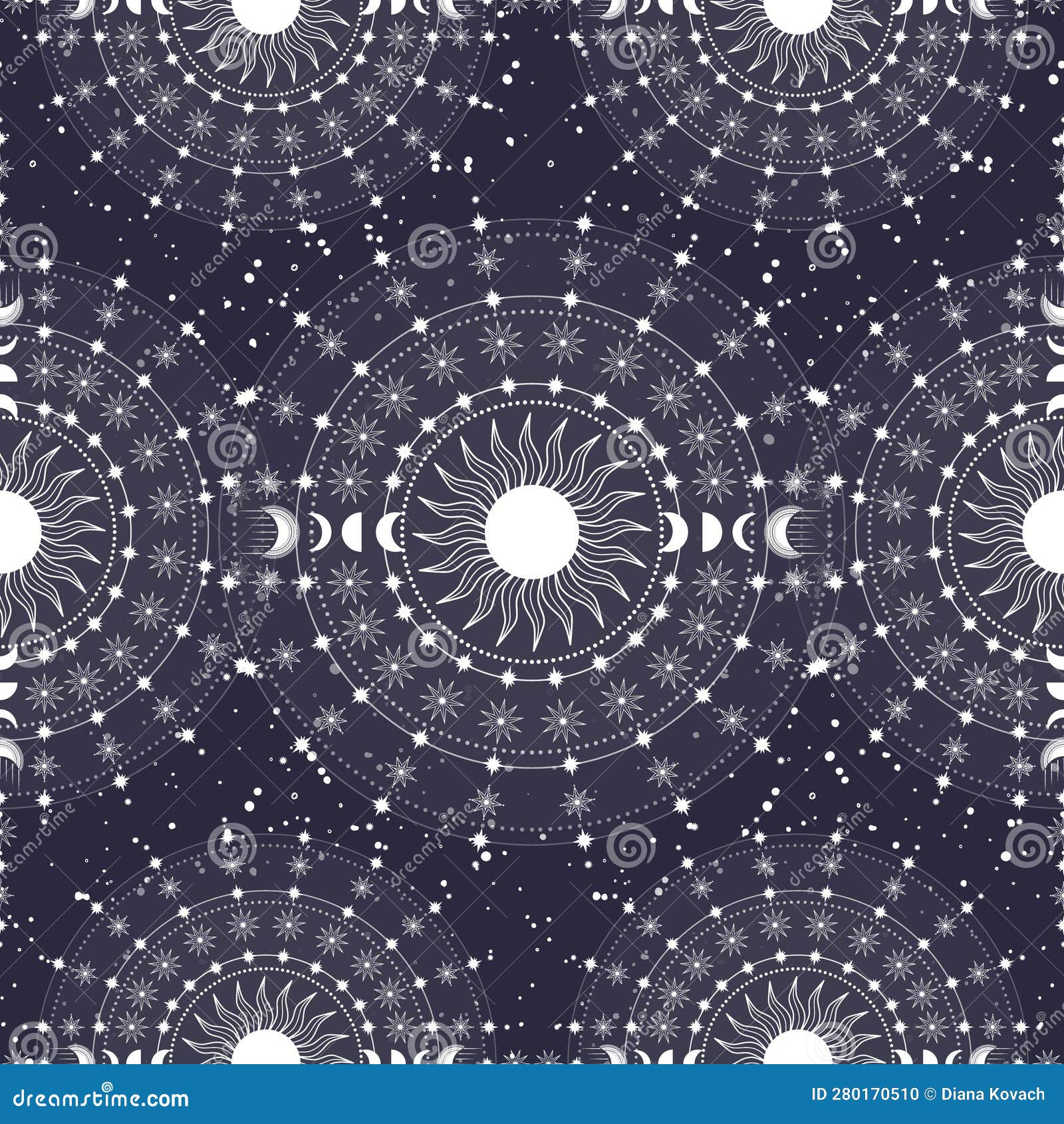 Hand Drawn Seamless Pattern of Sun, Moon, Stars. Mystical Celestial ...