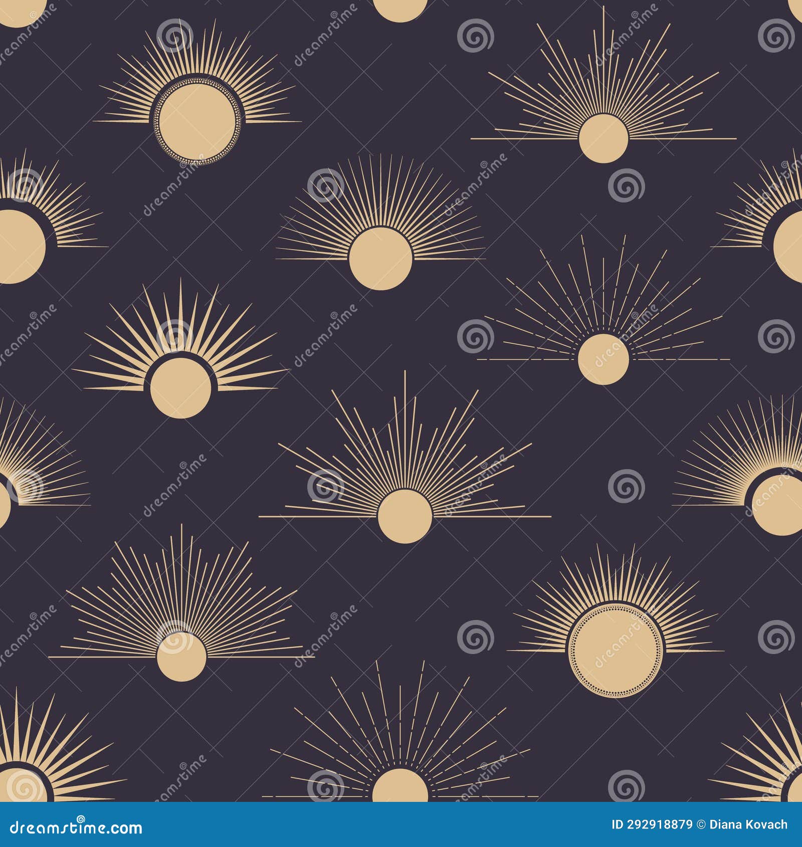 Hand Drawn Seamless Pattern of Sunburst, Starburst, Light Rays, Bursting Sun Rays. Magic ...