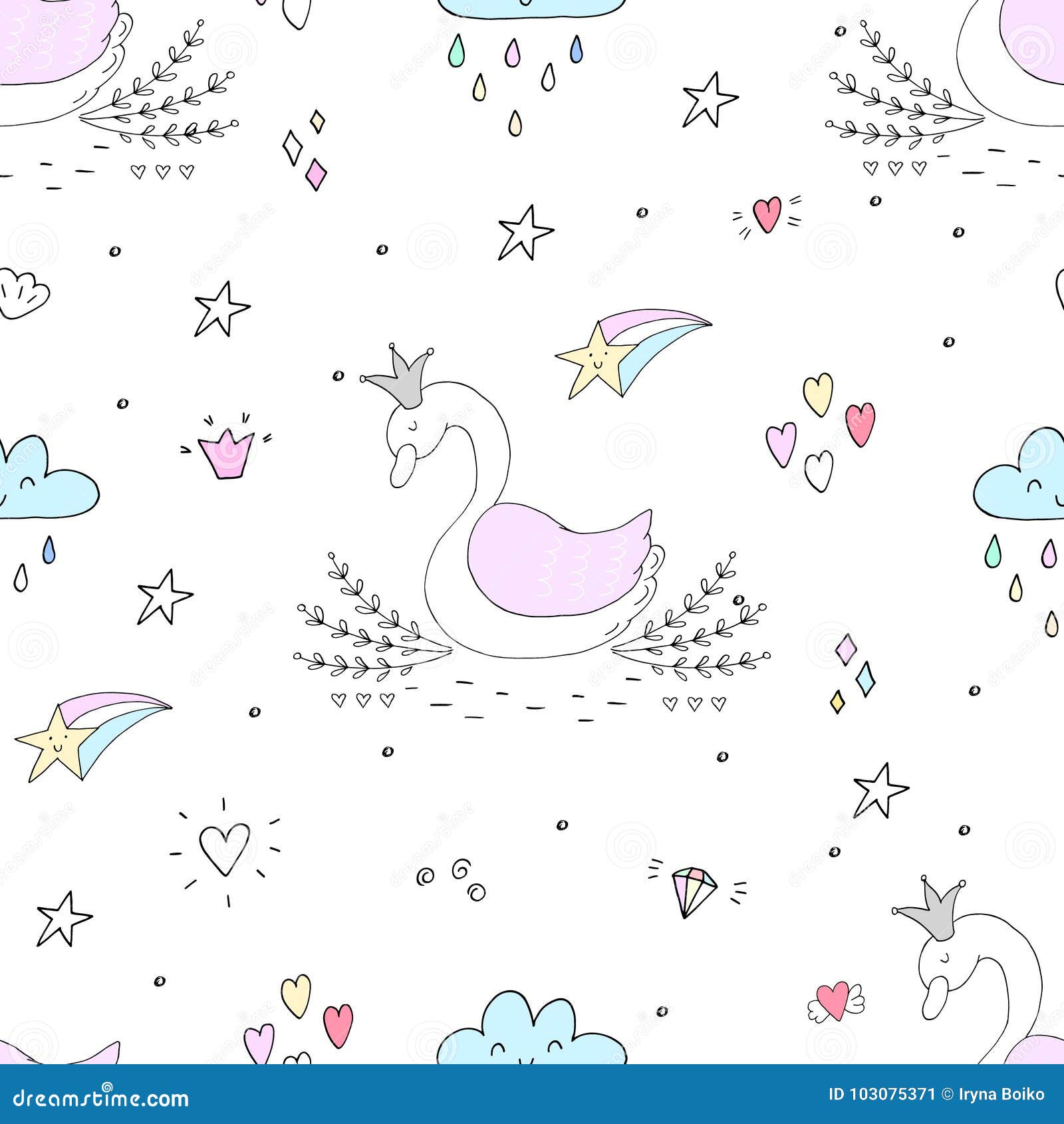 Hand Drawn Seamless Pattern With Swan Vector Illustration Stock Vector