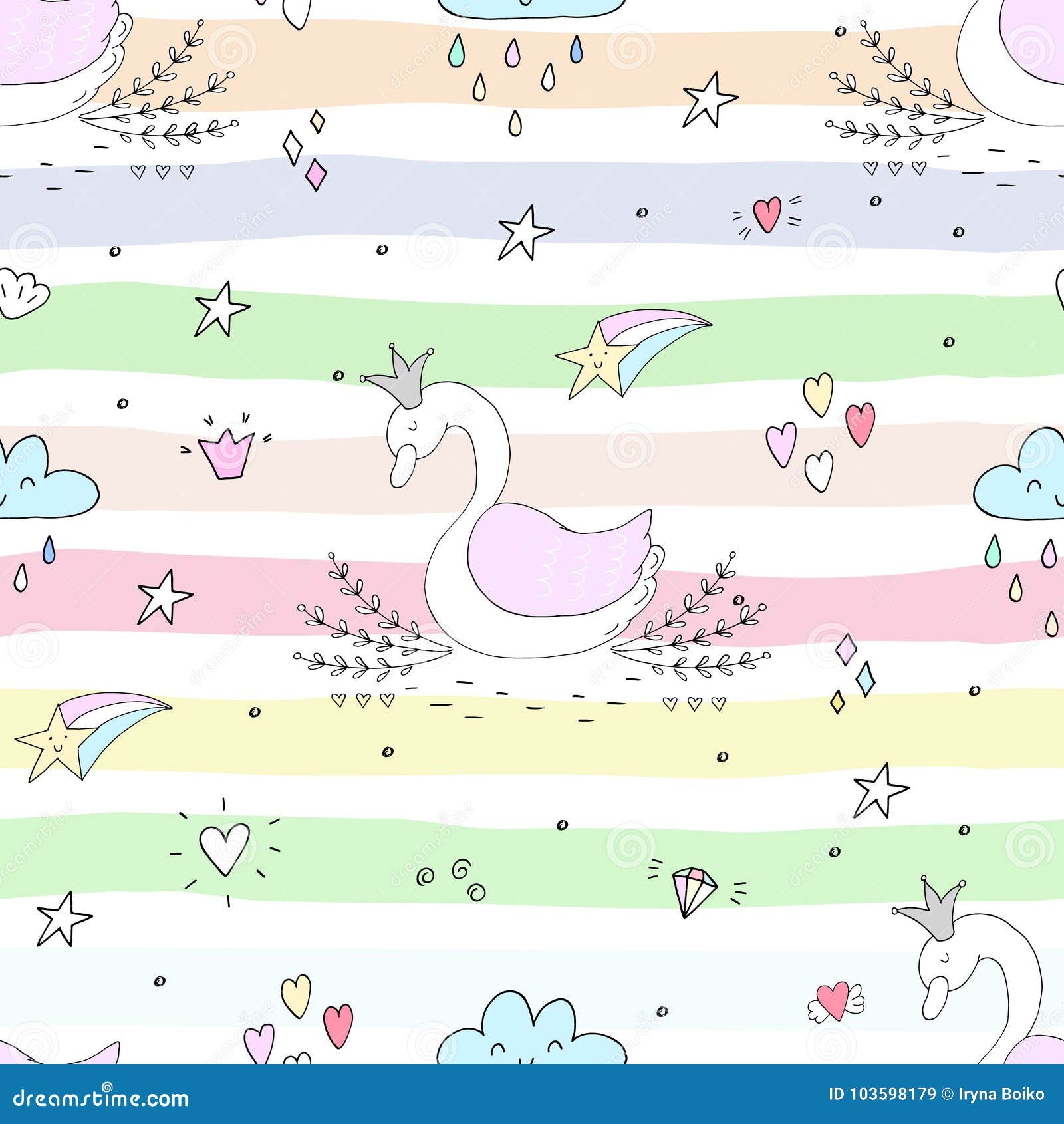 Hand Drawn Seamless Pattern with Swan. Vector Illustration Stock Vector ...