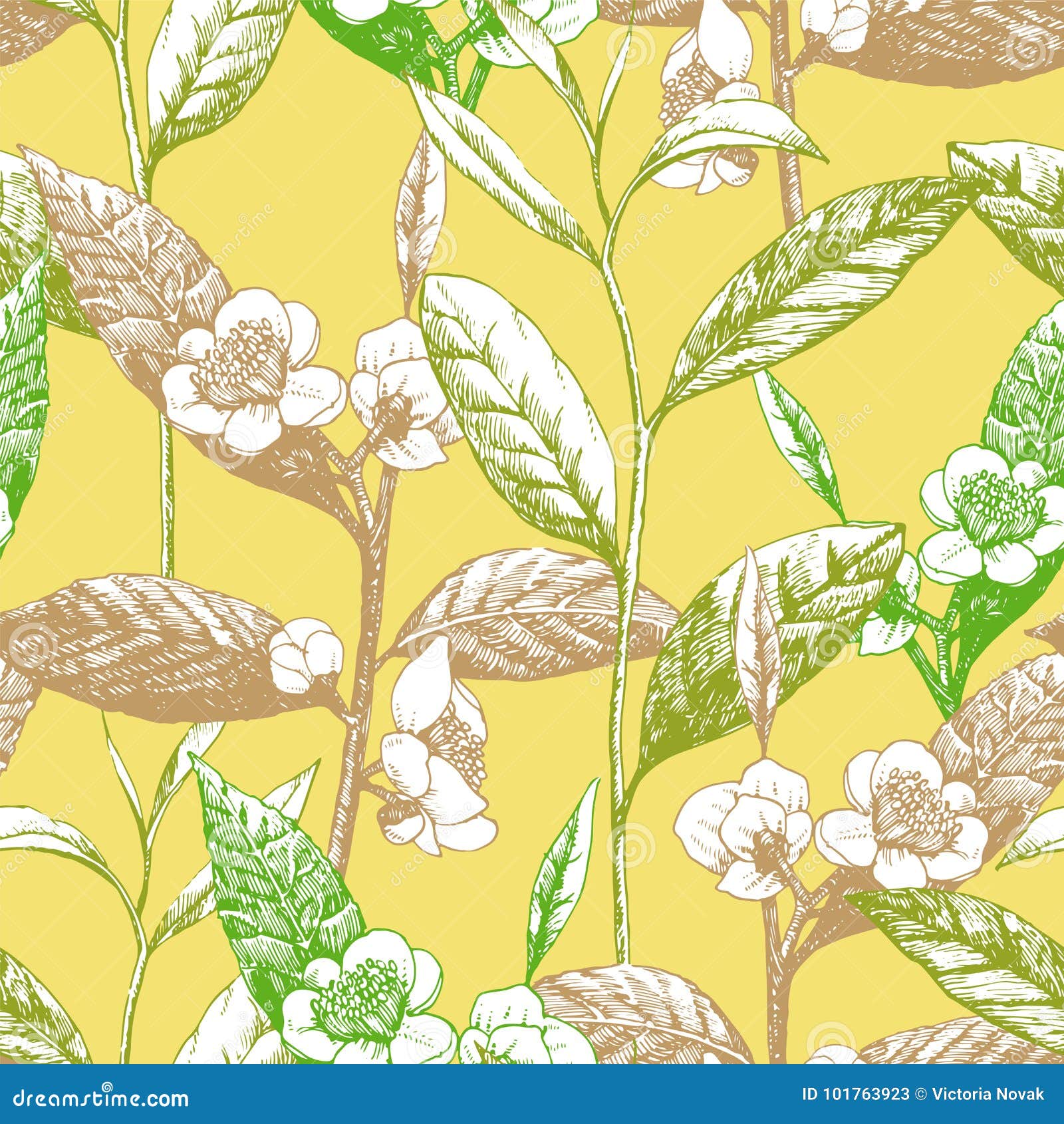 Hand-drawn Seamless Pattern with Tea Leaves and Flowers Stock Vector ...